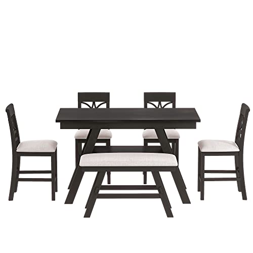Farmhouse Counter Height 6-Piece Dining Set, Heavy Solid Wood Kitchen Dining Room Table Set, 60 in Triangular Design Bar Table with Storage Shelf, Bench and 4 Chairs with Soft Cushion (Espresso)