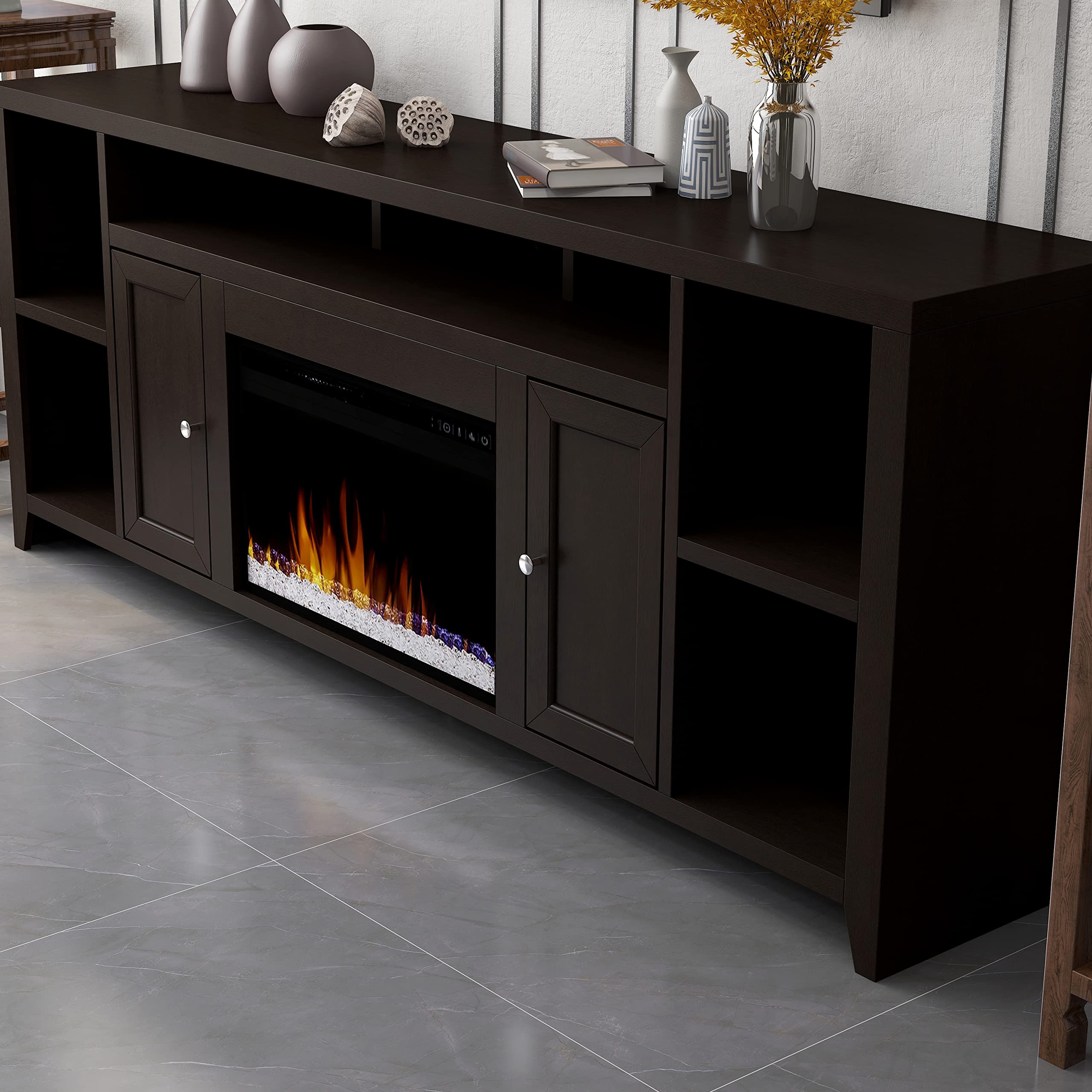 Bridgevine Home Urban Loft Fireplace TV Stand, 84 inches, Accommodates TVs up to 95 inches, Fully Assembled, Poplar Solid Wood, Mocha Finish