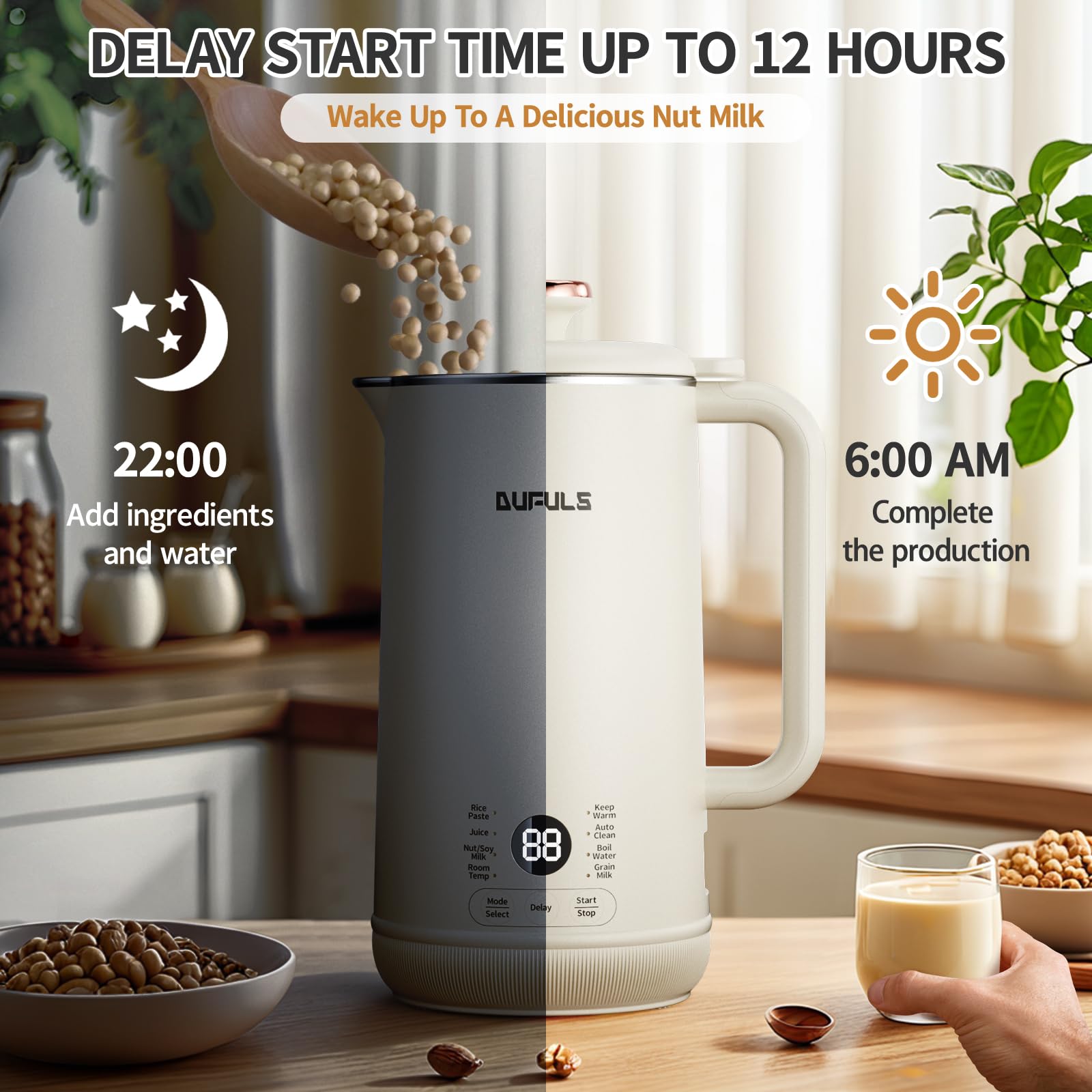 Dufuls 8 in 1 Nut Milk Maker, 40.58oz Soy Milk Maker with10 Blades, Automatic Almond Milk Machine for Homemade Plant-Based Milk, Oat, Soy, Non-Dairy Beverages with Delay Start/Keep Warm/Self-Cleaning