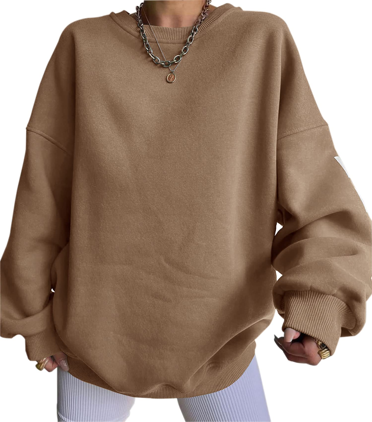 Cioatin Women’s Trendy Oversize Crewneck Chicago Letter Graphic Sweatshirt Y2K Fleece Drop Shoulder Pullover Sweater Brown