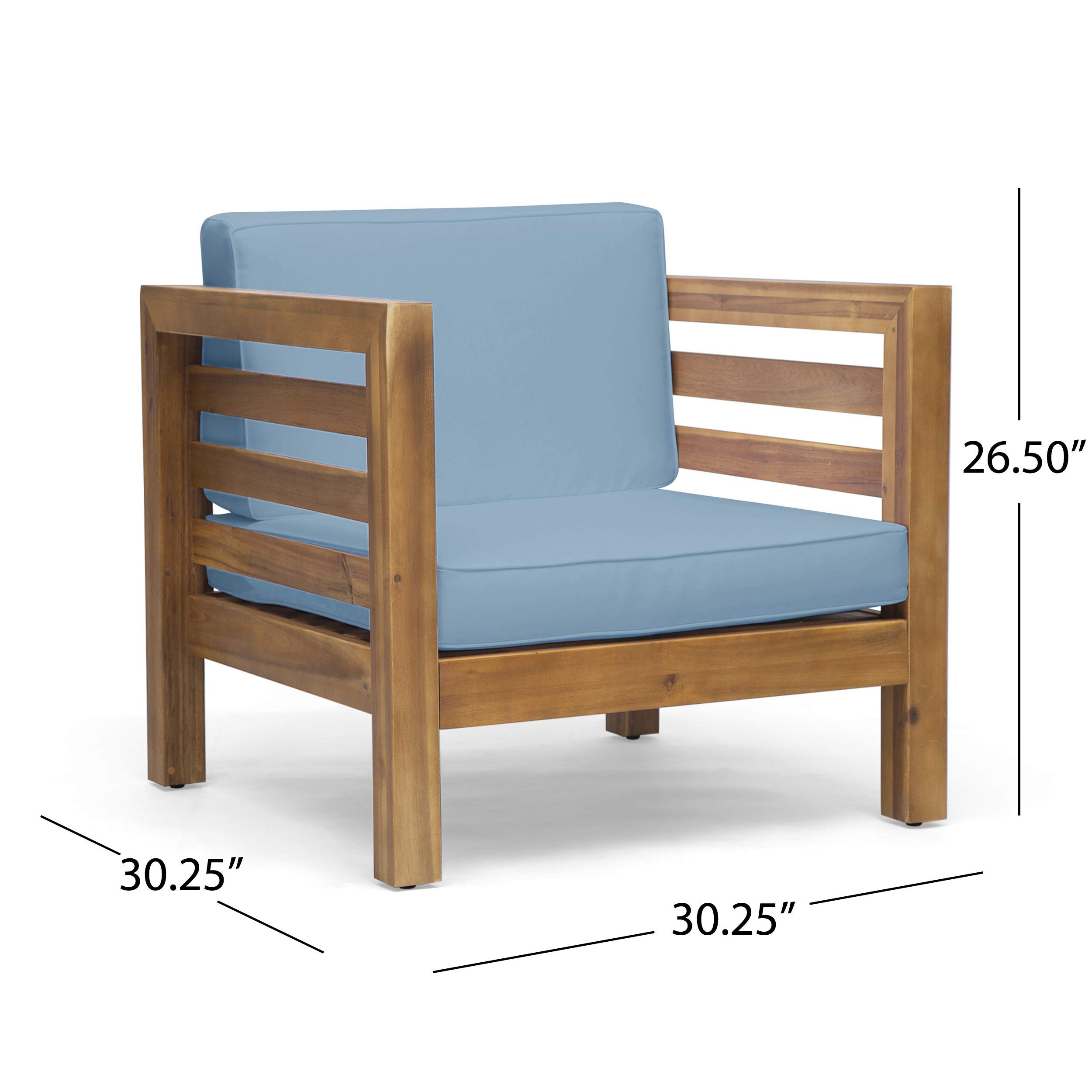 GDFStudio Outdoor Acacia Wood Club Chair with Cushion, Teak Finish and Blue