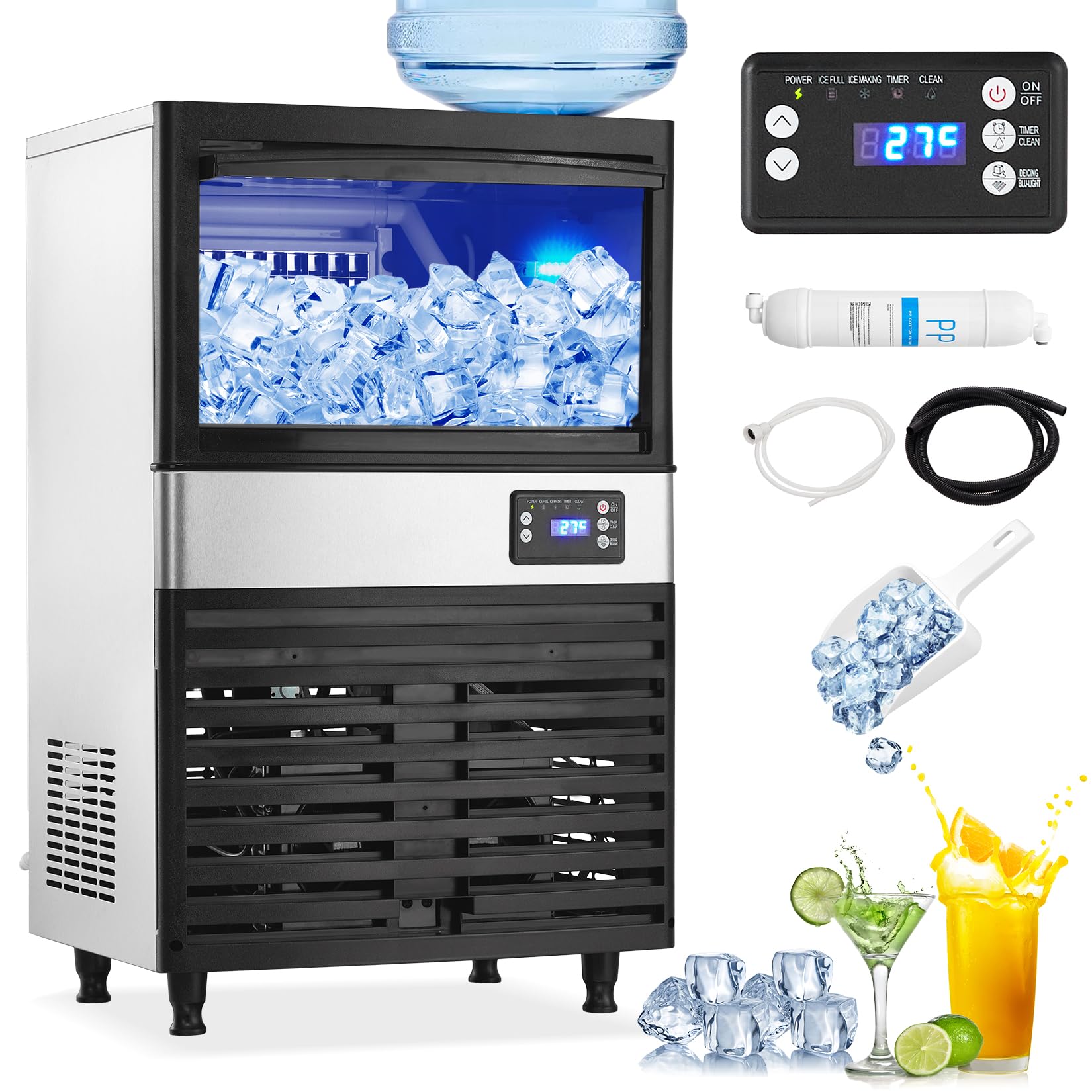 Commercial Ice Maker 120Lbs/24h 2-Ways Add Water Modes Large Ice Maker Machine with 26lbs Storage Bin Quick Make Ice Cube 60pcs Ice/ 5 Mins Stainless Steel Ice Makers for Restaurant