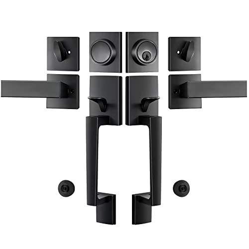 Door Handle Sets, Double Front Door Handle Set, Heavy Duty Matte Black Double Door Handleset with Dummy, Double Door Lock Set for Front Door Back Doors or Office Doors (Keyed And Dummy Handle Set)