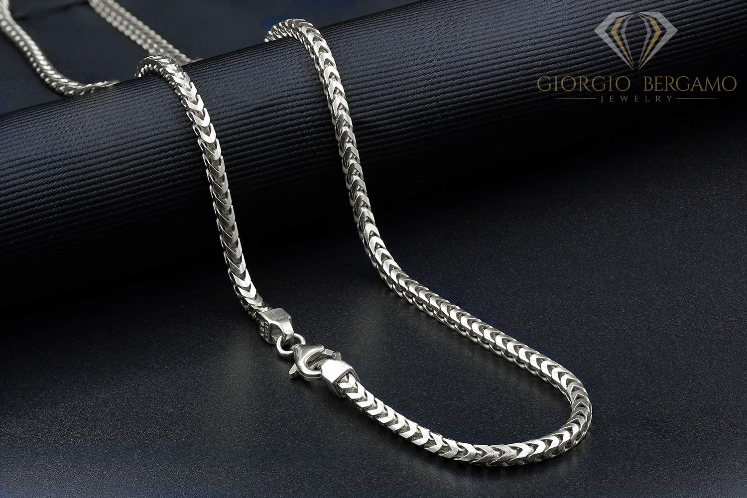 Giorgio Bergamo 925 Italian Sterling Silver 3mm Solid Franco Chain, Rhodium Plated Square Box Link Necklace, (24)