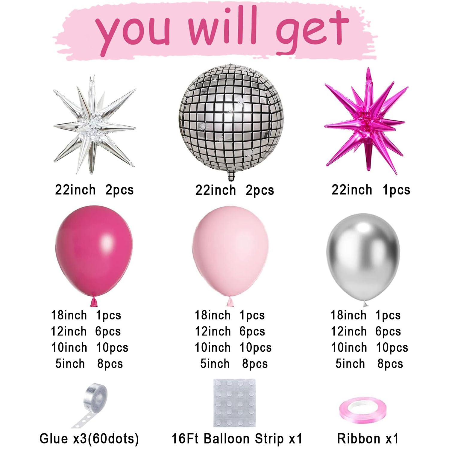 Hot Pink Silver Balloon Arch Kit, Silver Disco Ball Foil Curtains and Explosion Star Foil Balloon for Girl's 15/16/30th Birthday Princess 2024 Graduation Decorations