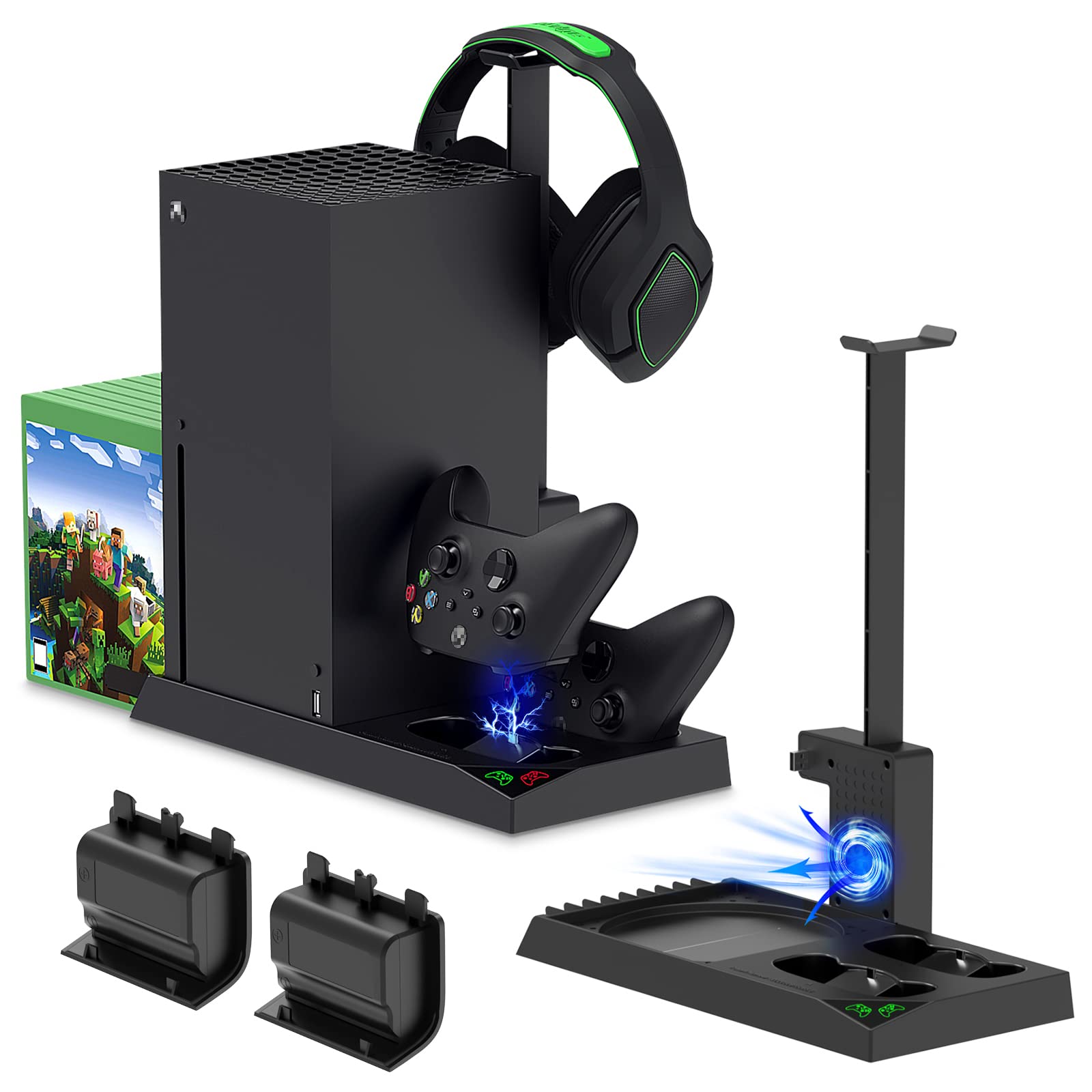 Charging Stand with Cooling Fan for Xbox Series X Console and Controller,Vertical Dual Charger Station Dock Accessories with 2 x 1400mAh Rechargeable Battery and Cover (Black) (Renewed)