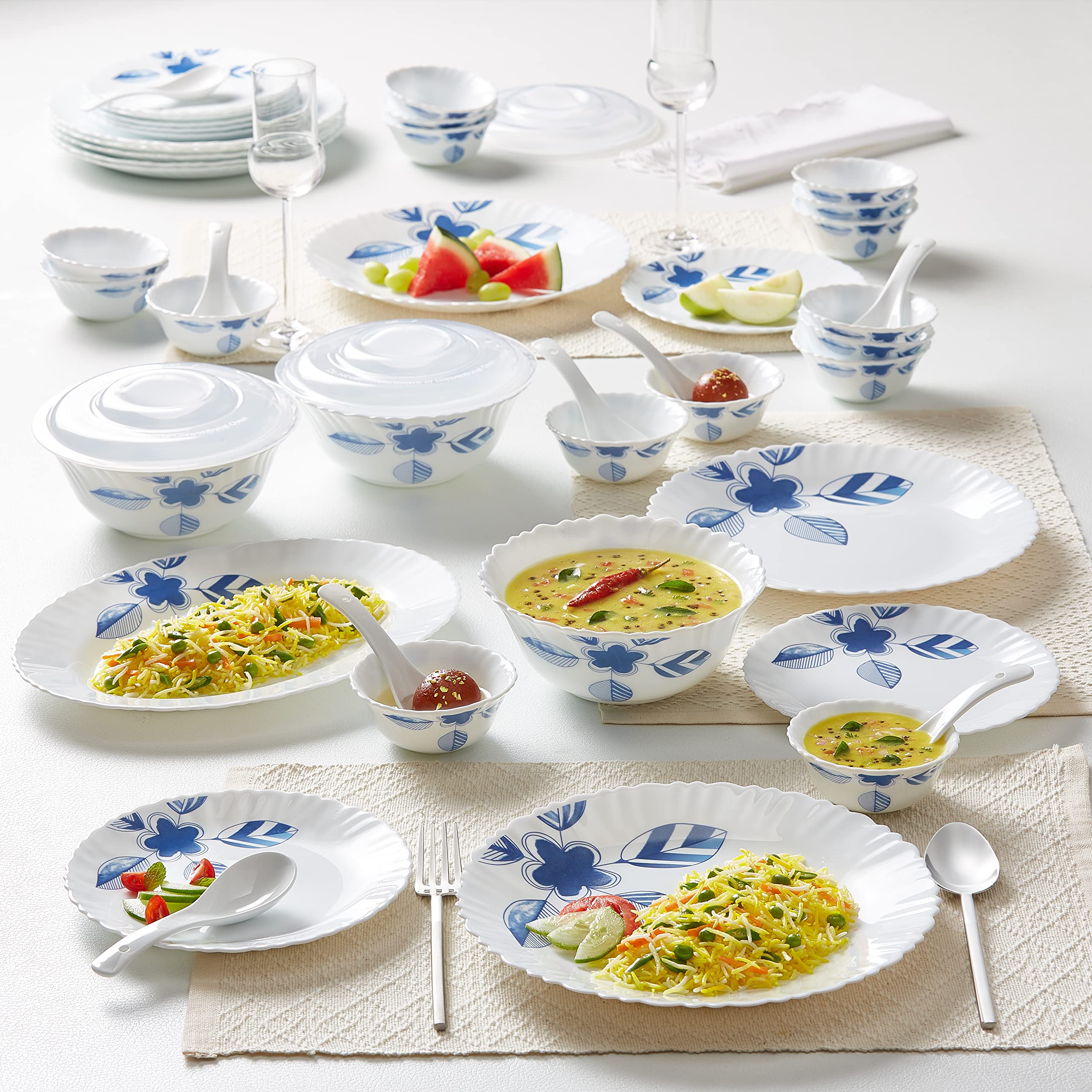 Borosil Gourmet Dinnerware Set For 6, 35 Pieces, White Dinner Plates and Bowls Sets, Chip Resistant Tempered Opal Glass, Stain Resistant, Dishwasher & Microwave Safe Dinner Set For Gifting, Serves 6