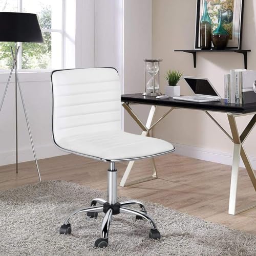 BRISKAIR Adjustable Task Chair PU Leather Low Back Ribbed Armless Swivel White Desk Chair Office Chair with Wheels