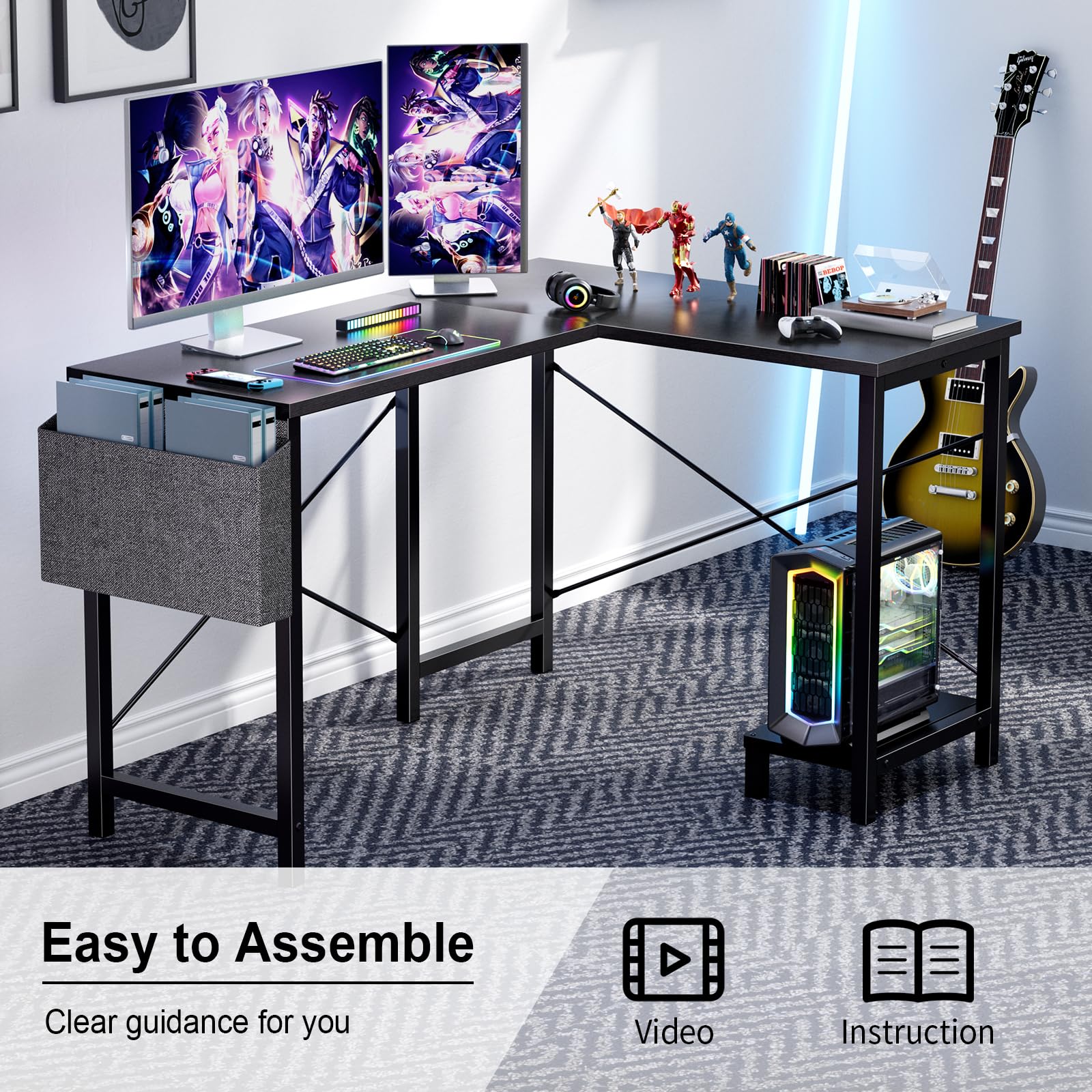 DUMOS L Shaped Computer Desk PC Gaming Table with Side Storage Bag for Home Office Small Spaces, 50 Inch, Black