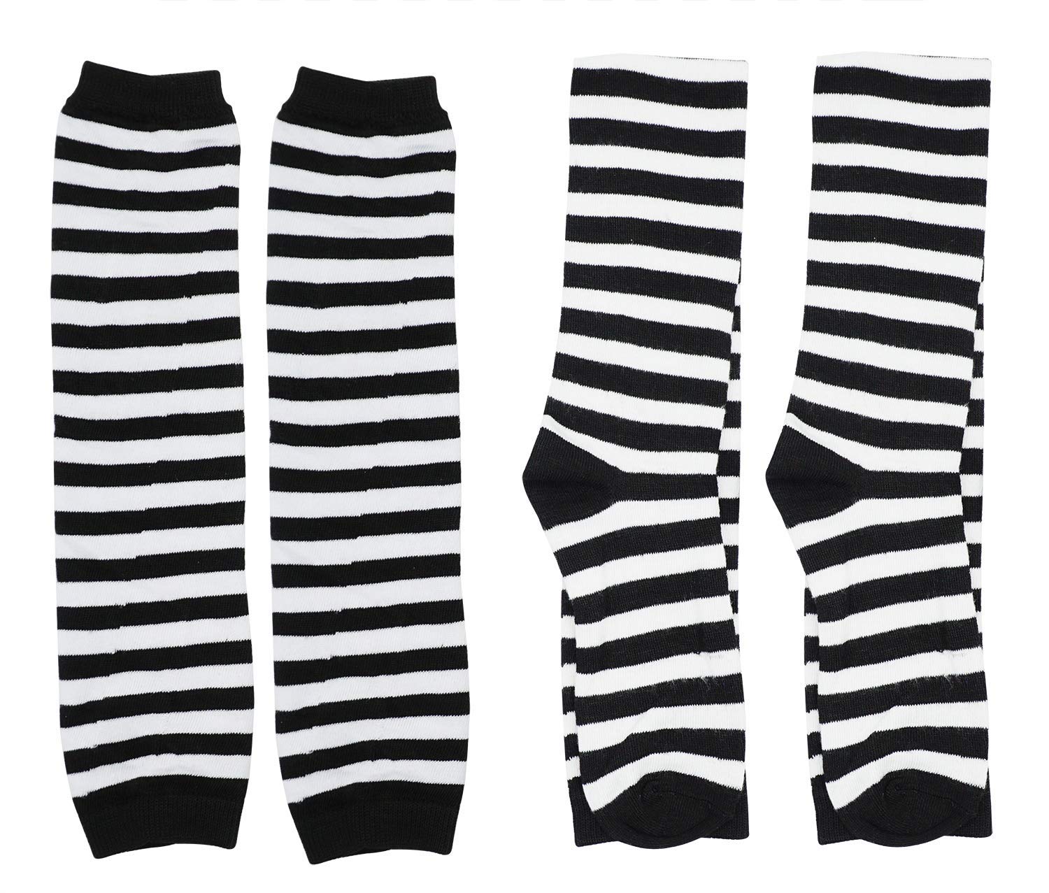 Bienvenu Women Stretch Striped Socks Knee High Stockings Long Arm Warmer Fingerless Mitten Gloves,White