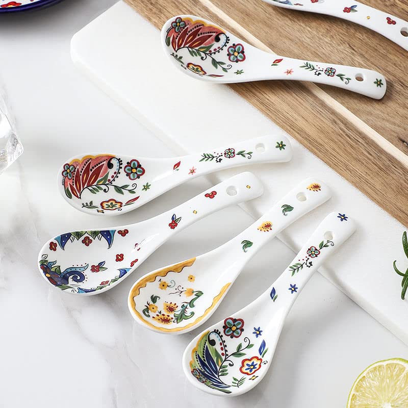 HonHeam Ceramic Soup Spoons Set, Bohemian Porcelain Rice Spoons, Colorful Glaze Flower Pattern Tableware Spoons Set of 4