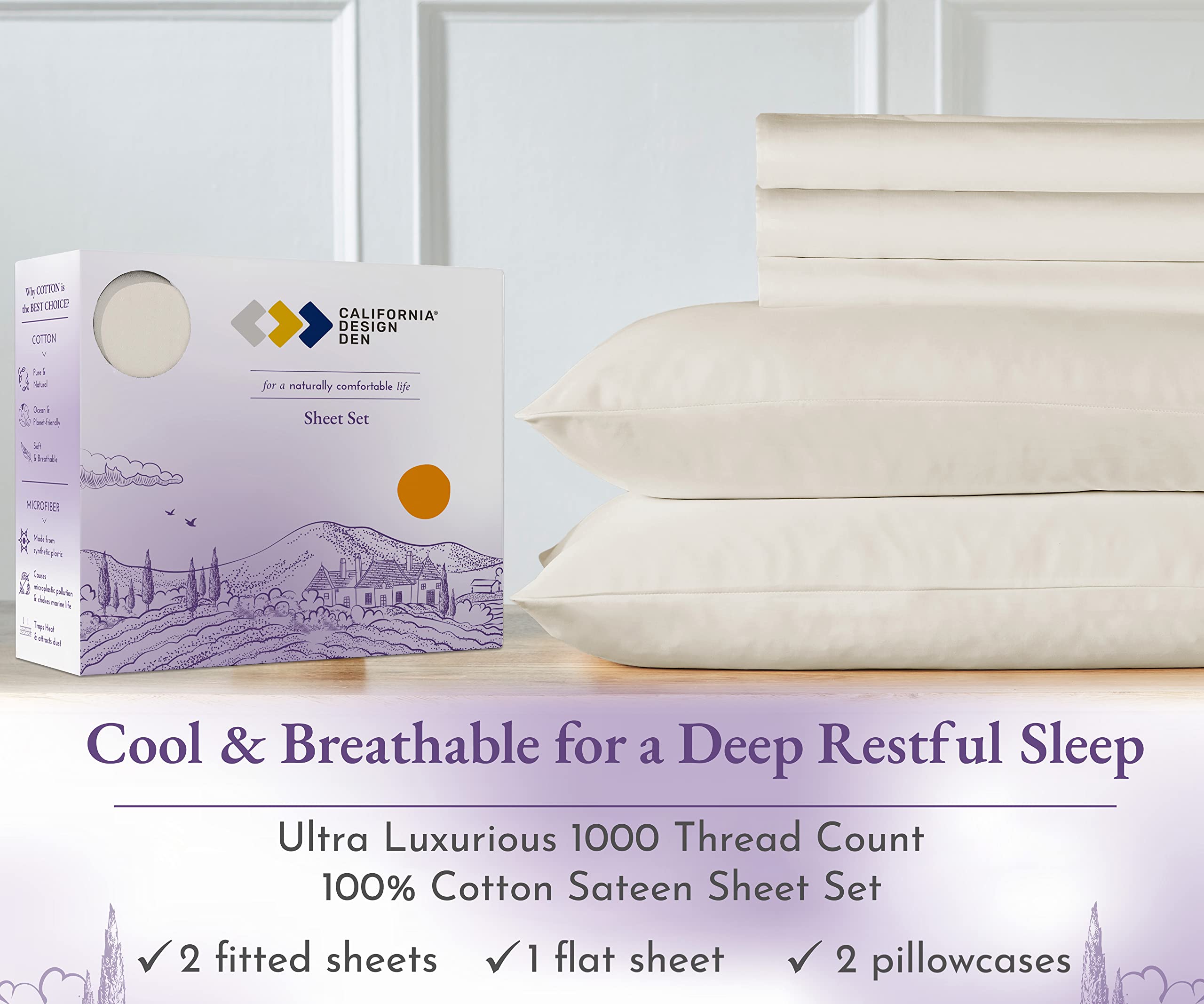California Design Den Luxury Adjustable Split King Bedsheets, Soft 100% Cotton, 1000 Thread Count, Snug Fit, 5Pc Set with 2 Twin-XL Fitted Sheets, Sateen Weave, Sheet Sets & Pillowcases Ivory