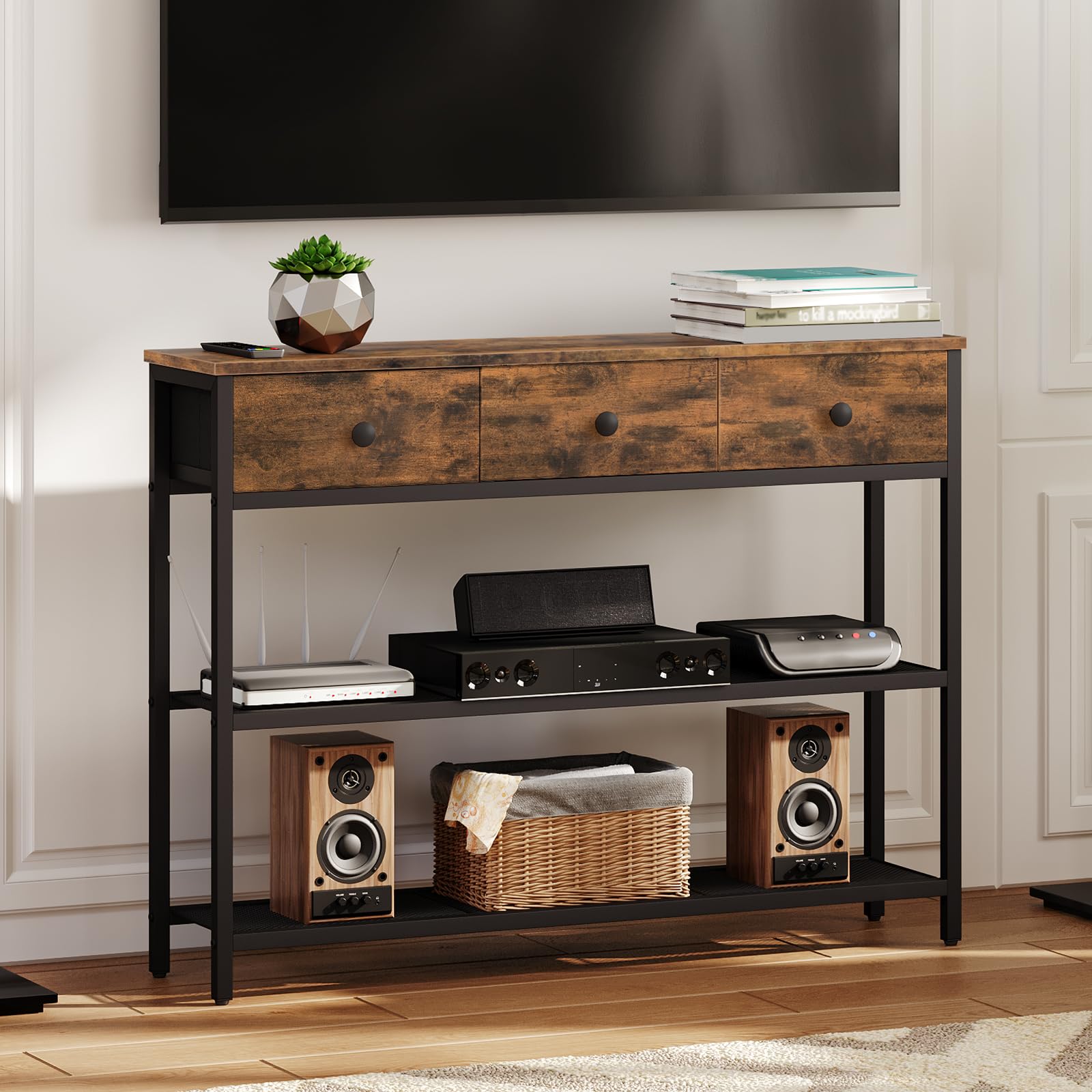 HOOBRO 39.4" Narrow Console Table with 3 Fabric Drawers, Small Entryway Table with 3-Tier Storage Shelves, Thin Sofa Table, Side Table, for Living Room, Hallway, Rustic Brown and Black BF82XG01