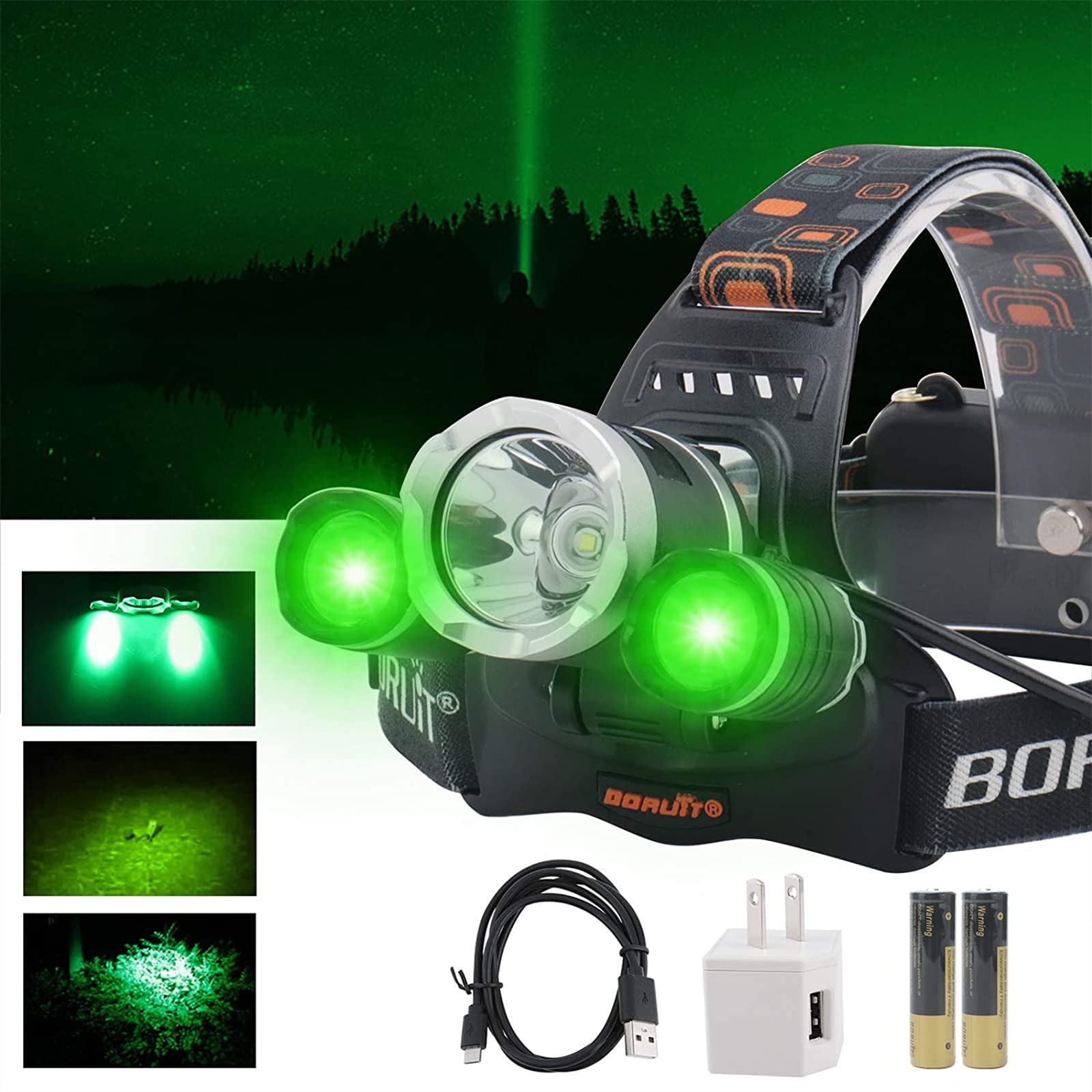 BORUIT RJ-3000 LED Green Headlamp,3 Modes White and Green LED Hunting Headlight,USB Rechargeable 5000 Lumens Tactical Head lamp for Fishing Running Camping Hiking