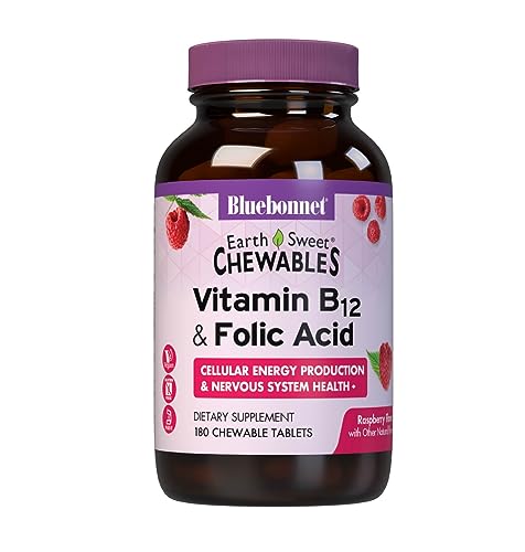 Bluebonnet Nutrition Earth Sweet Vitamin B12 & Folic Acid Chewable Tablets, Cream Raspberry 180 Count (Pack of 1)