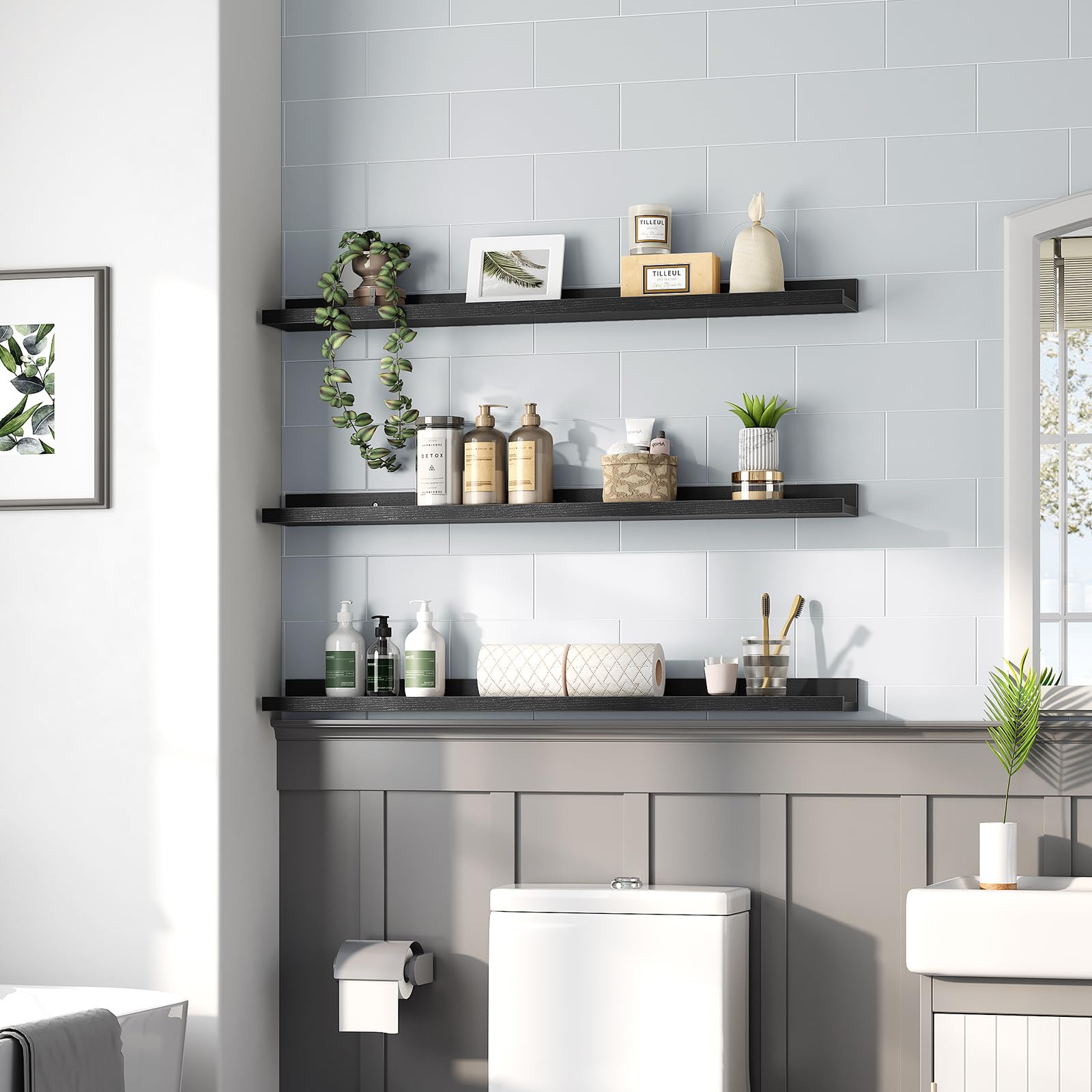HOOBRO Floating Shelves, Wall Shelf Set of 3, 35.4 Inches Hanging Shelf with Raised Edge and Invisible Brackets, for Bathroom, Bedroom, Kitchen, Office, Living Room Decor, Black BK90BJ01
