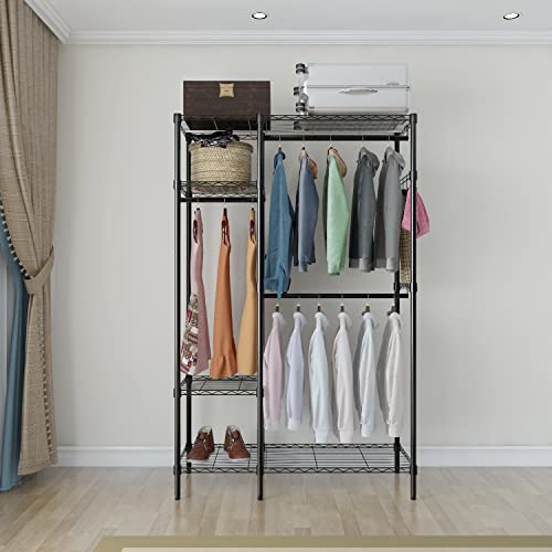 Doredo Metal Clothing Rack with Shelves, Heavy Duty Clothes Racks for Hanging Clothes, Wire Garment Racks for Hanging Clothes with 3 Hanger Rods, 4 Hooks, 45" W x 16.5" D x 70.8" H