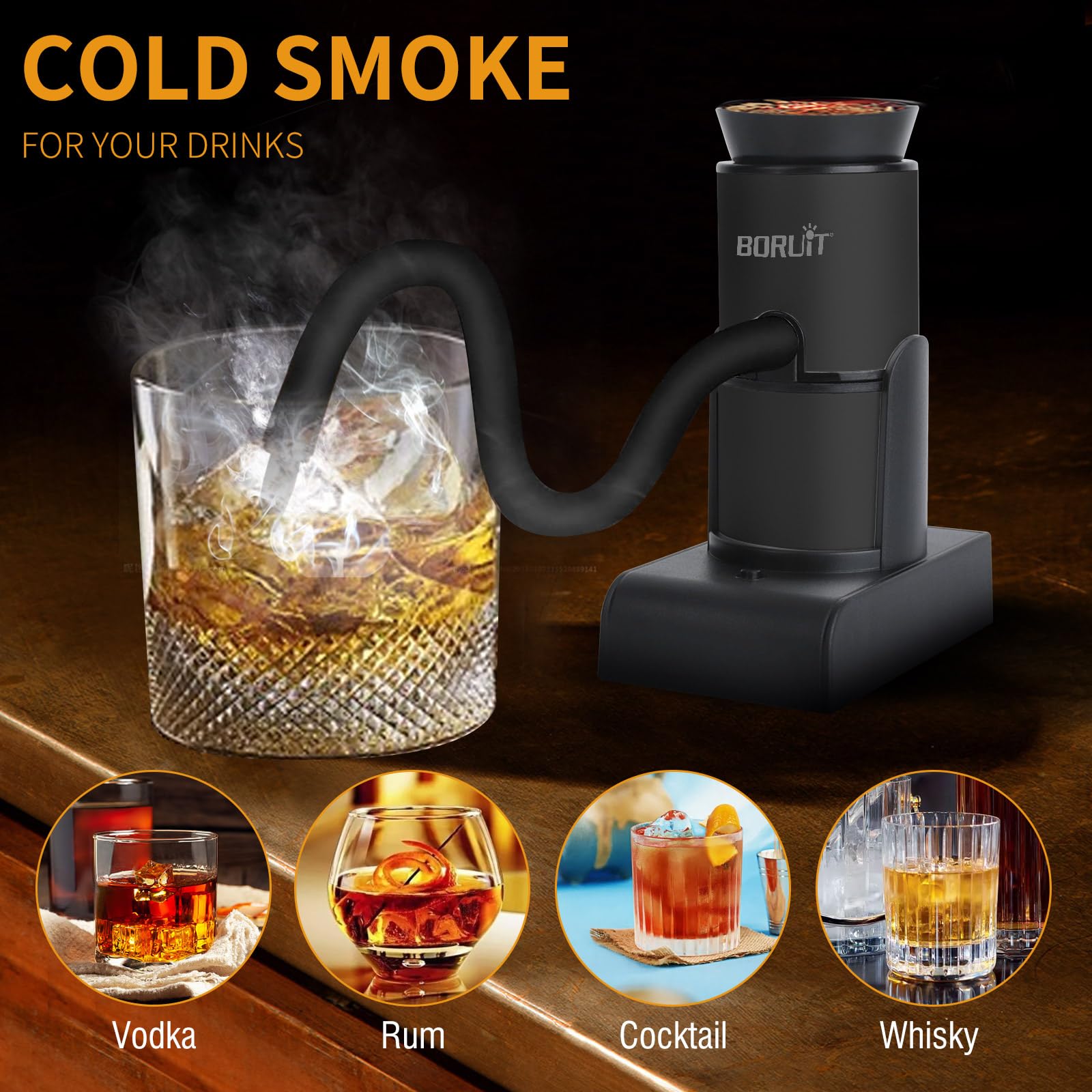 Boruit SK301 Smoking Gun Cocktail Smoker Kit with Wood Chips, Whiskey Meat Bbq Cheese Smoking Infuser Portable Cold Flavour Dry Blaster