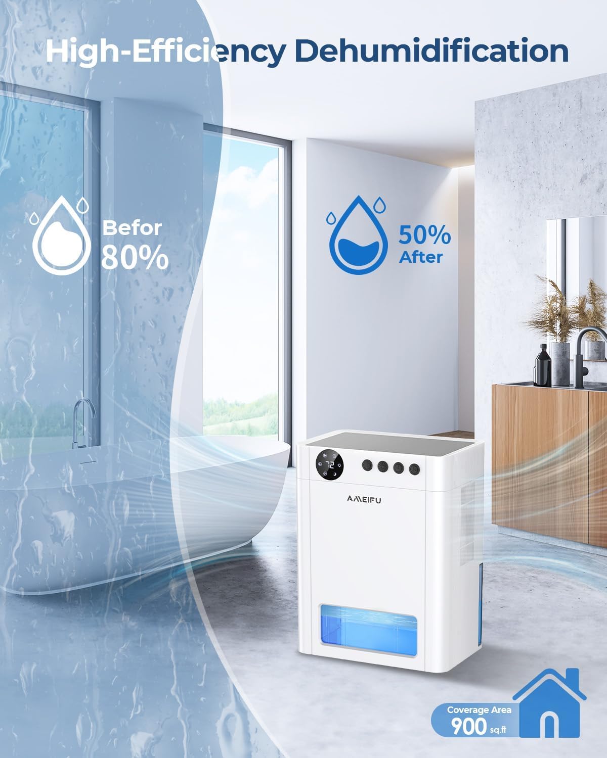 Dehumidifier, AMEIFU Dehumidifier for Basement, 135 OZ Water Tank, (900 sq.ft) Quiet Dehumidifier for Home Bedroom Bathroom RV Closet with Auto Shut Off, Sleep Mode, 7 Colors LED Light, White