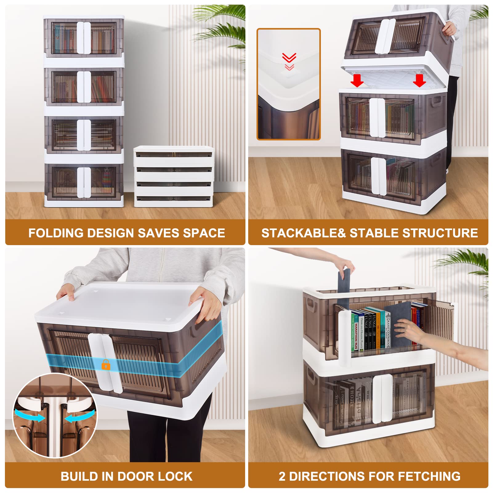 Closet Organizers and Storage 8.5 Gal, Storage Bins with Lids 4 Pack, Stackable Collapsible Storage Bins, Storage Cabinet with Wheels, Plastic Foldable Folding Box for Home, Dorm Room Essentials