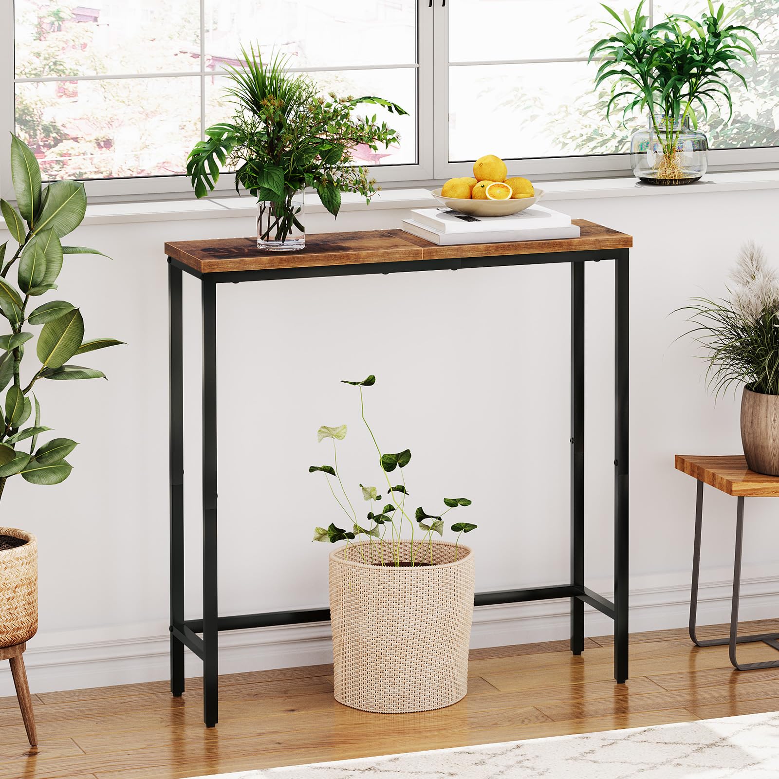 HOOBRO Narrow Console Table, 29.5" Small Entryway Table, Thin Sofa Table, Side Table, Display Table, for Hallway, Bedroom, Living Room, Foyer, Rustic Brown and Black BF75XG01