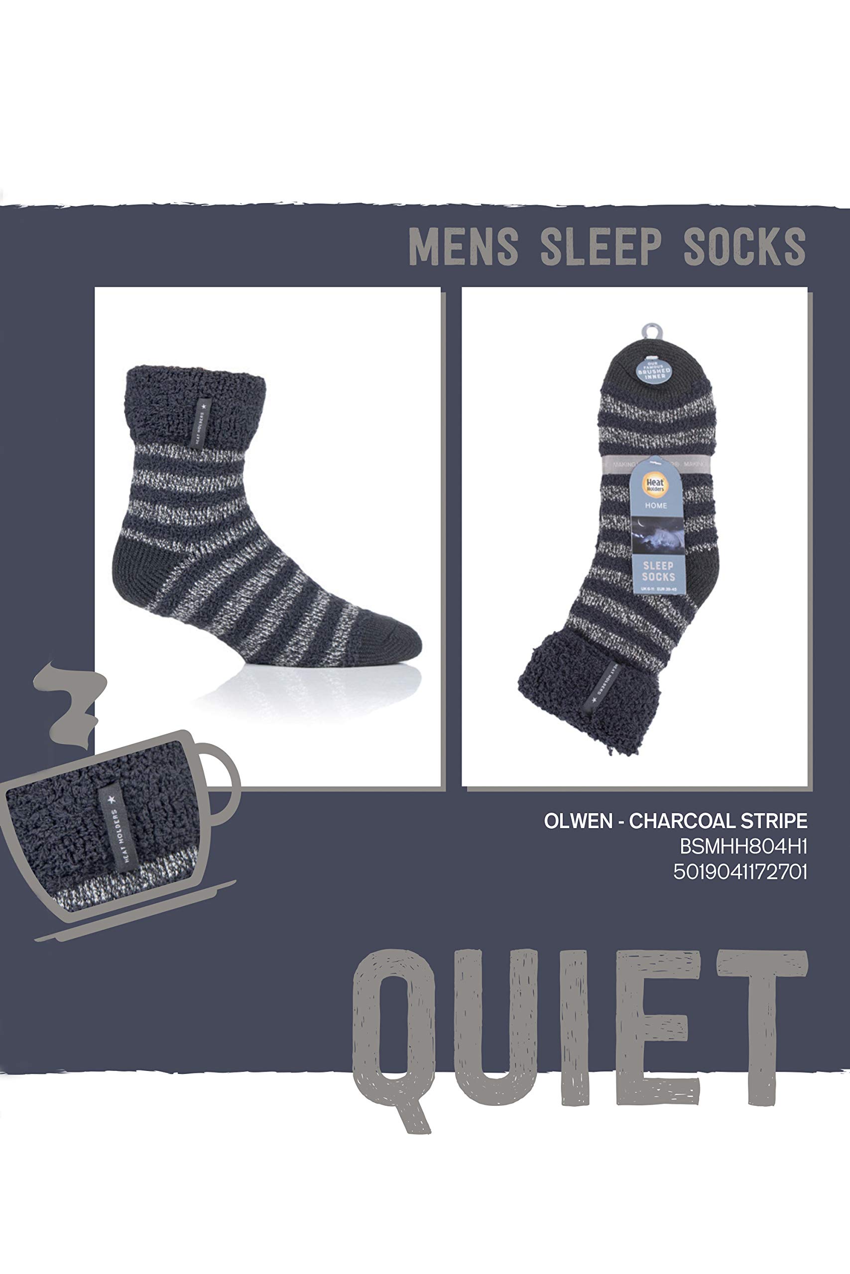 Heat Holders Mens Luxury Cozy Soft Fleece Lined Fluffy Bed Socks for Sleep (Charcoal Stripe (Olwen), 7-12)