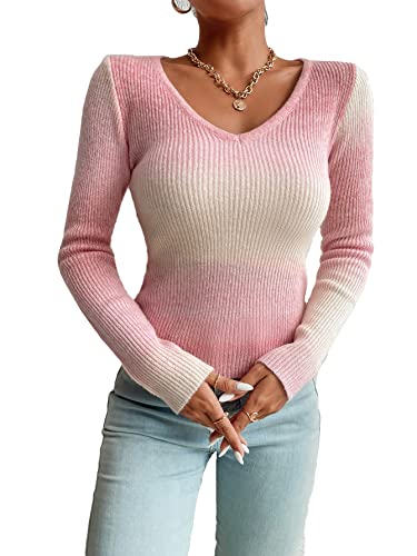 Floerns Women's Ombre Print Long Sleeve V Neck Rib Knit Pullovers Sweater Top Pink M