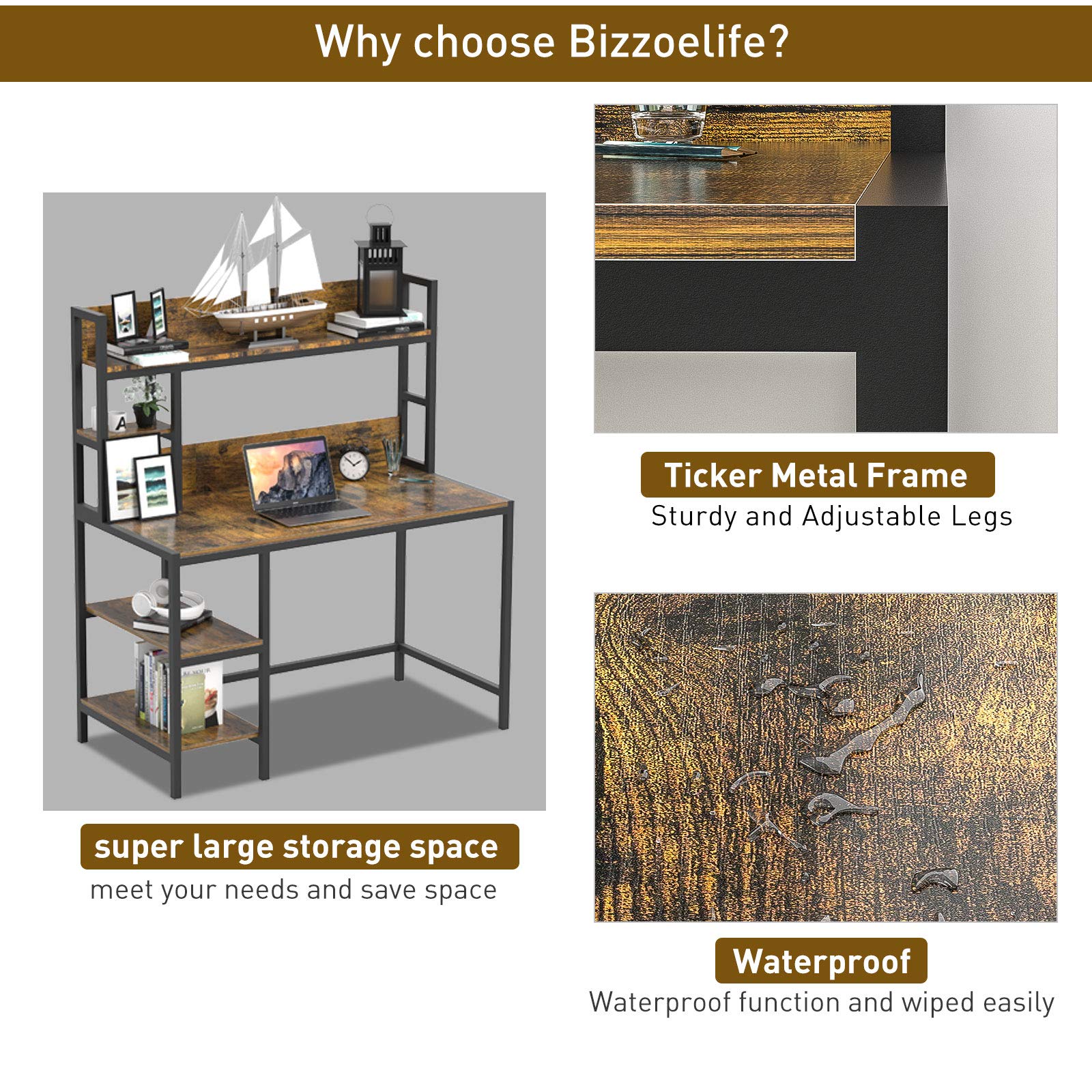 Bizzoelife Computer Writing Desk with Hutch and Bookshelf, Home Office Study Table & 2 Tier Storage Shelves Combo, 47inches Sturdy Wooden Vanity Desk for Kids and Student, Easy Assembly, Retro Brown