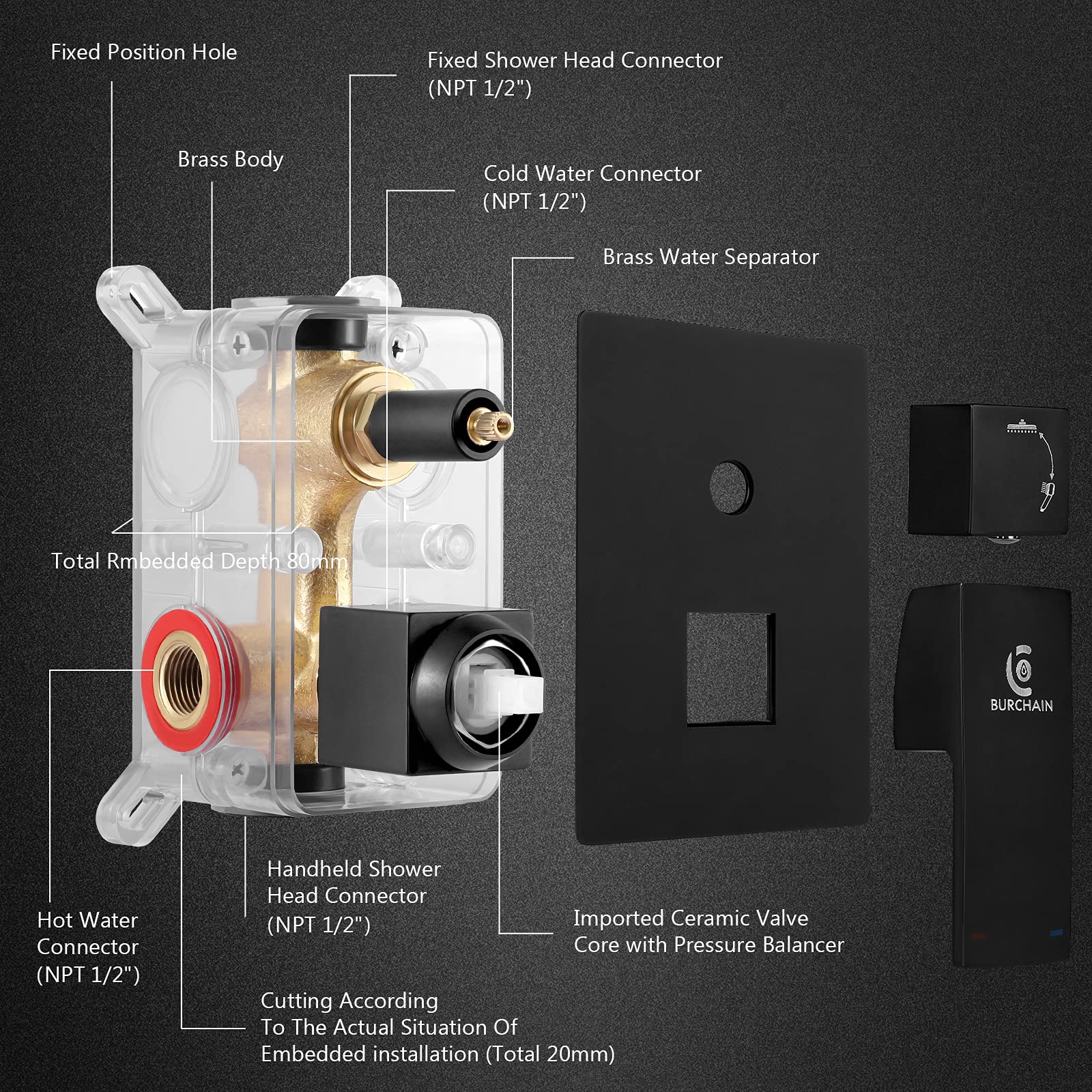 BURCHAIN Shower System Bathroom Luxury Shower Faucet with 10 Inches Wall Mounted Rain Shower Head 2 in 1 Handheld Shower Head and Trim Include(Matte Black)