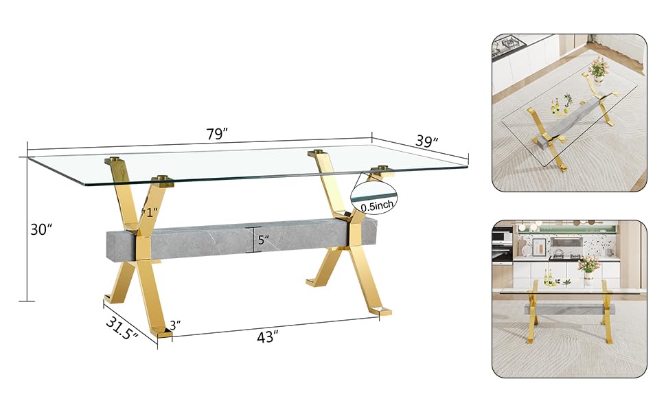 Glass Dining Table for 4, 79" Modern Kitchen Dining Room Table with Rectangular Tempered Glass Tabletop and Gold Plated Metal Legs for Dining Room (Gold)