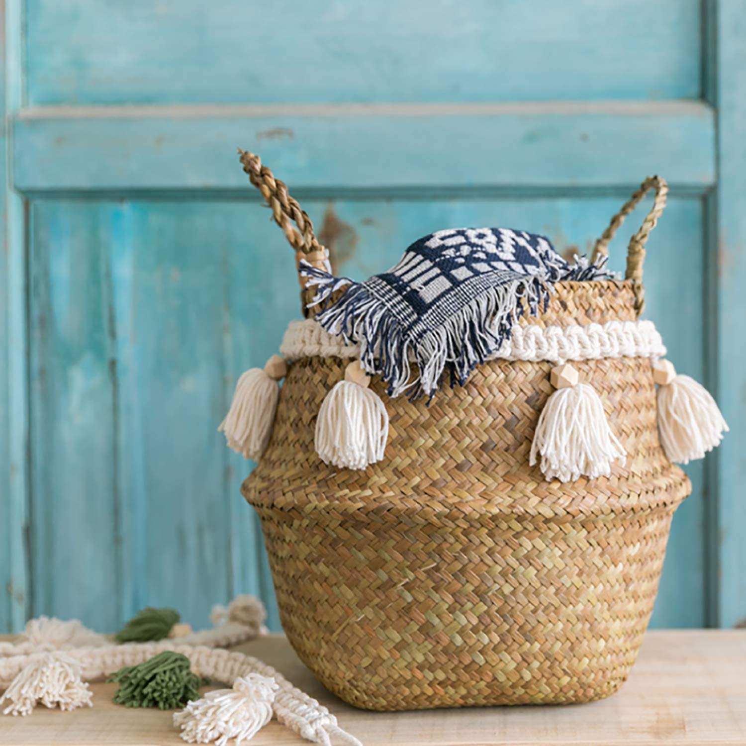 BlueMake 2 Pack Macrame Woven Tassel Garland Belly Basket Decorative Wall Hangings for Boho Home Decor,Nursey Room (Ivory)