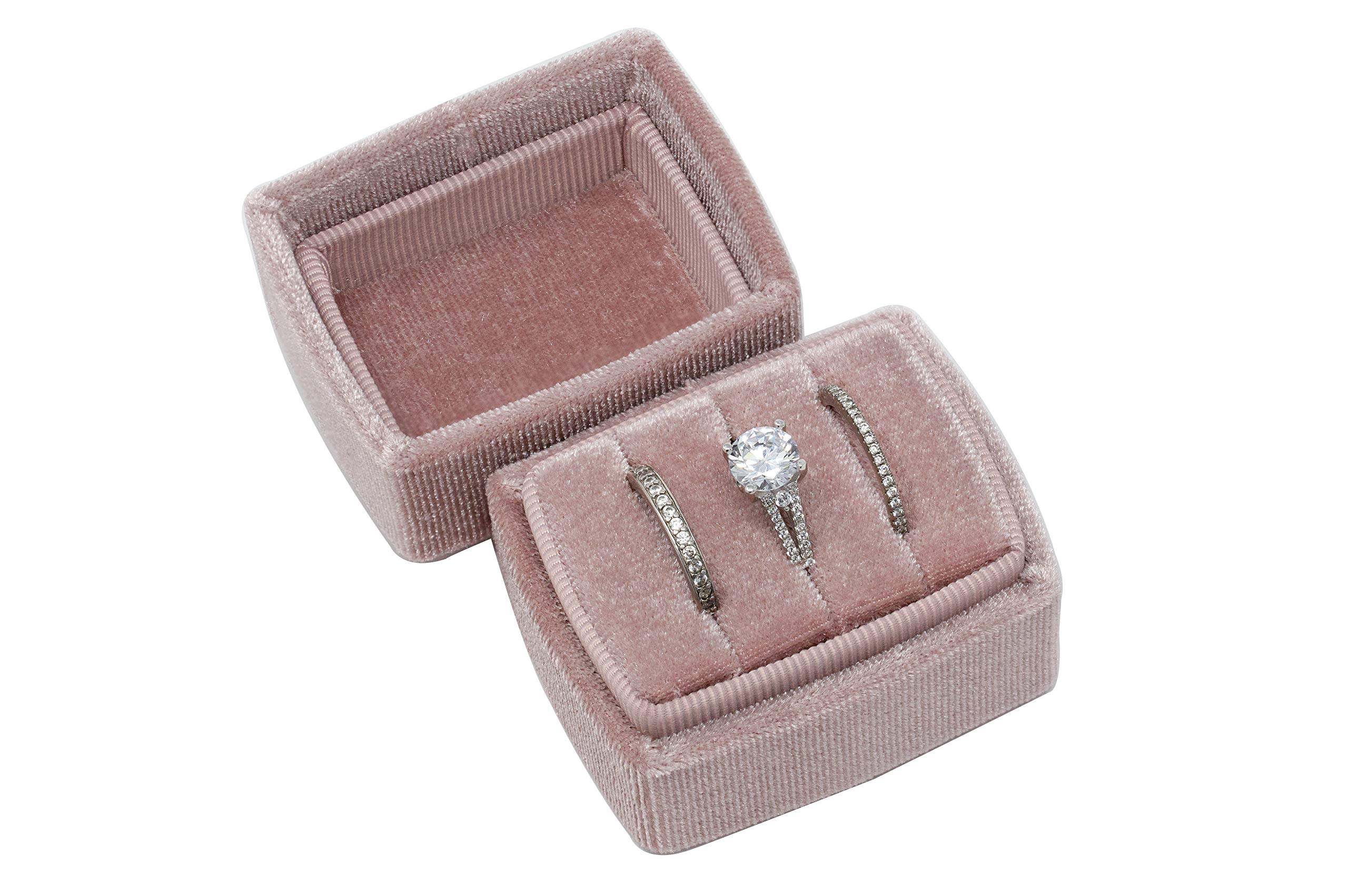 Beatrix & Luca 3 Ring Velvet Ring Box | Ring Holder | Jewelry | Proposal | Wedding | Ceremony | Engagement | Photography | Keepsake | Bridal Rectangle Triple (Dusty Rose Triple)