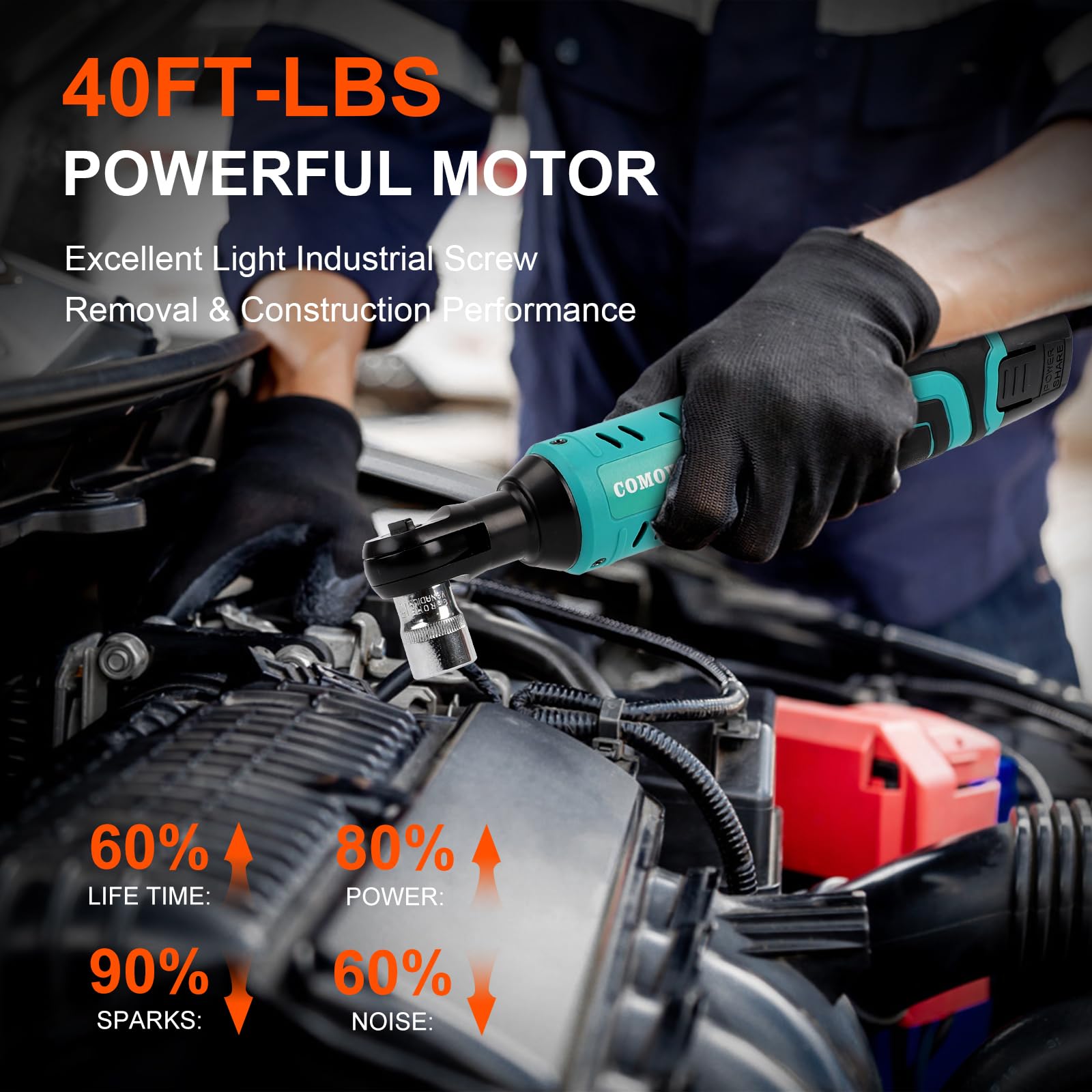 COMOWARE 3/8 Cordless Electric Ratchet Wrench Kit, 40ft-lbs Torque, 12V Power, 8 Sockets, LED Light, Fast Charger, Ergonomic Design