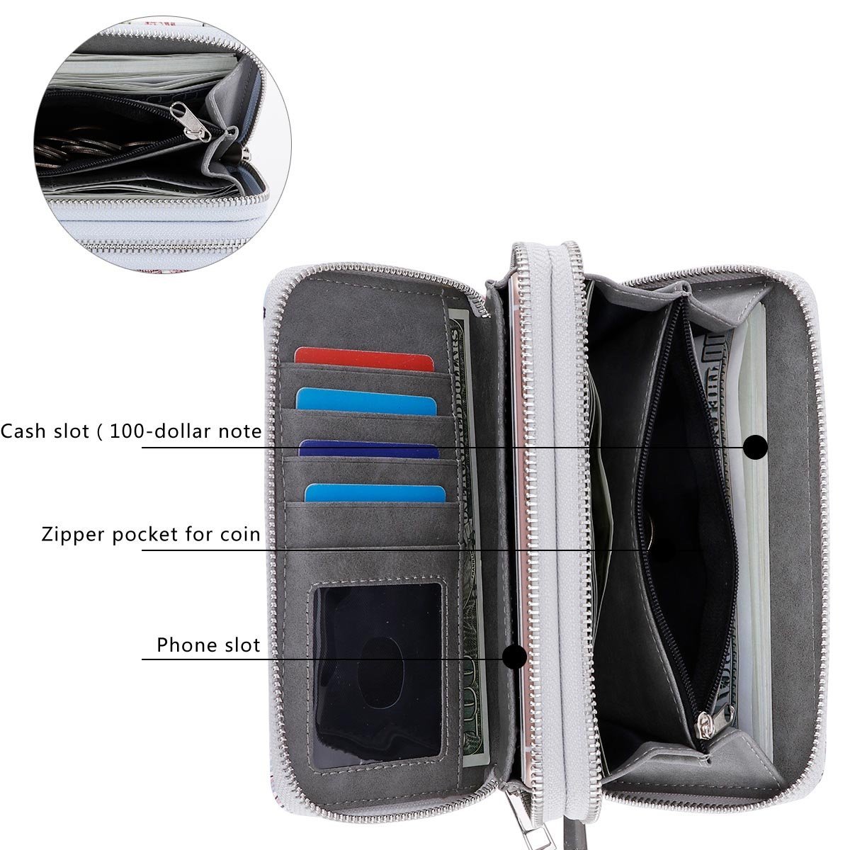 Women's Double Zipper Wallet Large with Removable Wristlet Clutch Cellphone Bag with Wristlet and ID Window(Blue morning glory)
