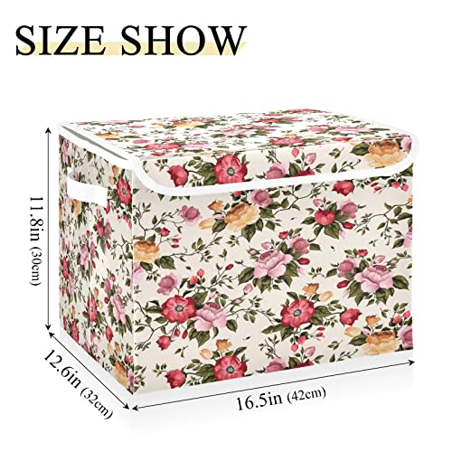 Floral Pattern Storage Basket 16.5x12.6x11.8 In Collapsible Fabric Storage Cubes Organizer Large Storage Bin with Lids and Handles for Shelves Bedroom Closet Office