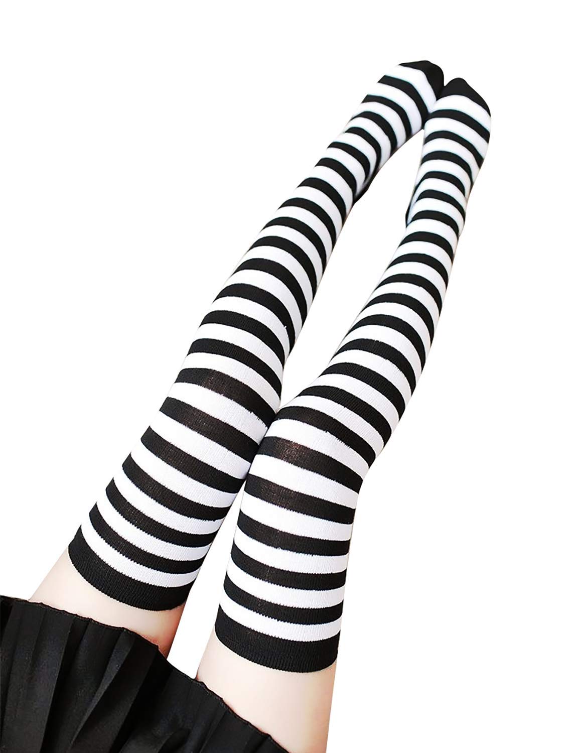 Bienvenu Women Stretch Striped Socks Knee High Stockings Long Arm Warmer Fingerless Mitten Gloves,White