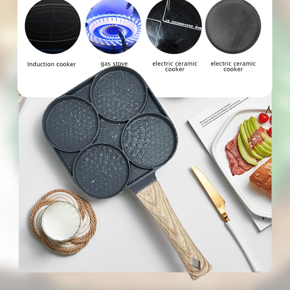 Unoschrim 4-Cup Frying Pan, Aluminium Nonstick Egg Frying Pan with Bakelite Handles, Multifunctional Breakfast Pot for Cooking Pancake, Vegetable Patties or Burger, All Stoves Compatible, Easy Clean