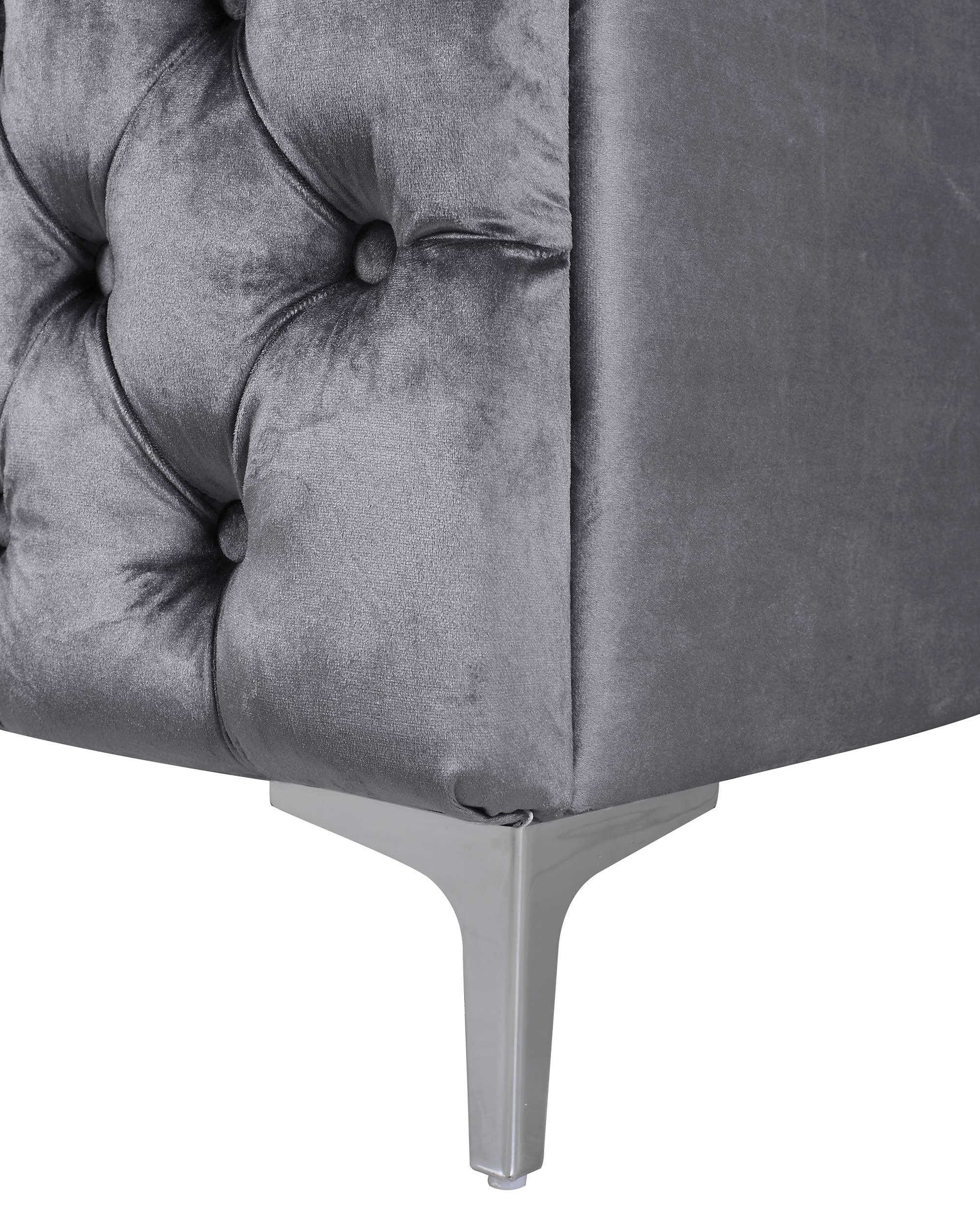 Iconic Home Mozart Elegant Velvet Modern Deeply Tufted with Silver Nailhead Trim Chrome Legs Right Facing Sectional Sofa, Grey