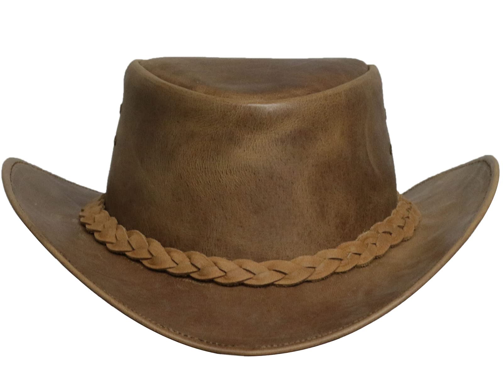 BRANDSLOCK Cowboy Hat Leather Outback Sun Hat with Chin Cord (Tan, L)