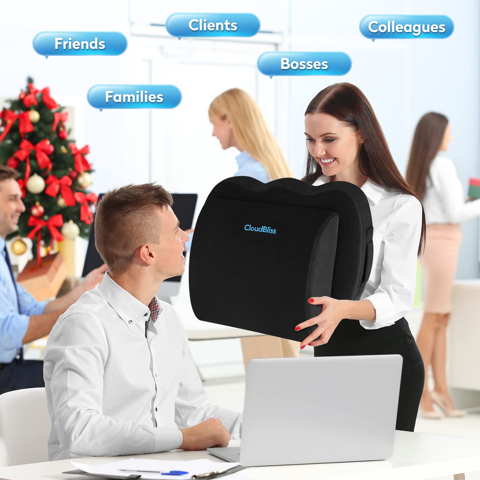 CloudBliss Seat Cushion for Office Chair,Car Seat,Lumbar and Back Support Memory Foam Pillow, Coccyx Cushion for Tailbone ,Sciatica & Back Pain Relief -Black