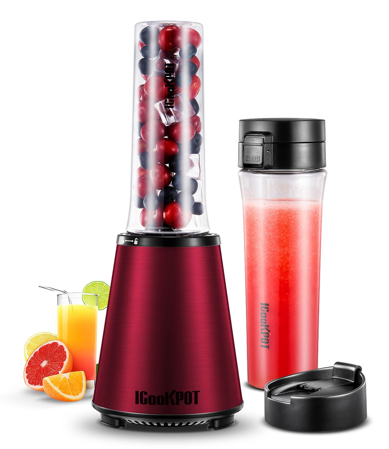ICOOKPOT Smoothies Blender Electric Personal Size Blender for Shakes and Smoothies Frozen Fruit Vegetable Juice Blender Baby Food Maker With 2 BPA-Free Portable Sport Bottles 300W, Red
