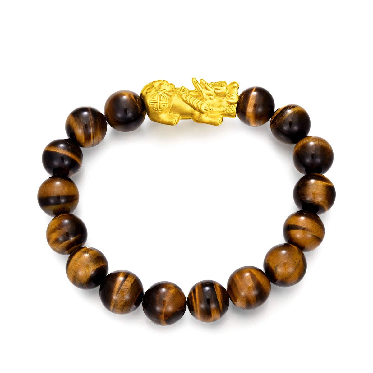 CHOW TAI FOOK 999 24K Gold Pixiu Charm with Tiger Eye Agate Large Marbles Bracelet