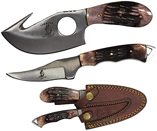 Bone Collector Hunting Knife Two Piece Set, 7" Straight Edge and 7" Gut Hook Blades Yellow Bone Full Tang Skinner (Bone)
