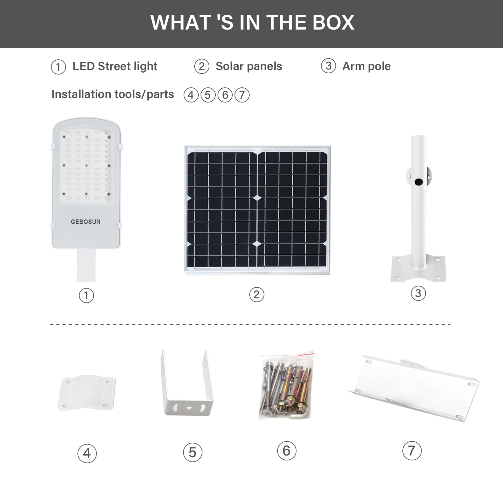 Gebosun Solar Street Light, 100W Outdoor Solar Led Street Lights, Work from Dusk to Dawn, 8600LM, 6000K, IP65 Waterproof, Wall-Mounted & Pole-Mounted for Pathway, Driveway, Swimming Pool, Garden