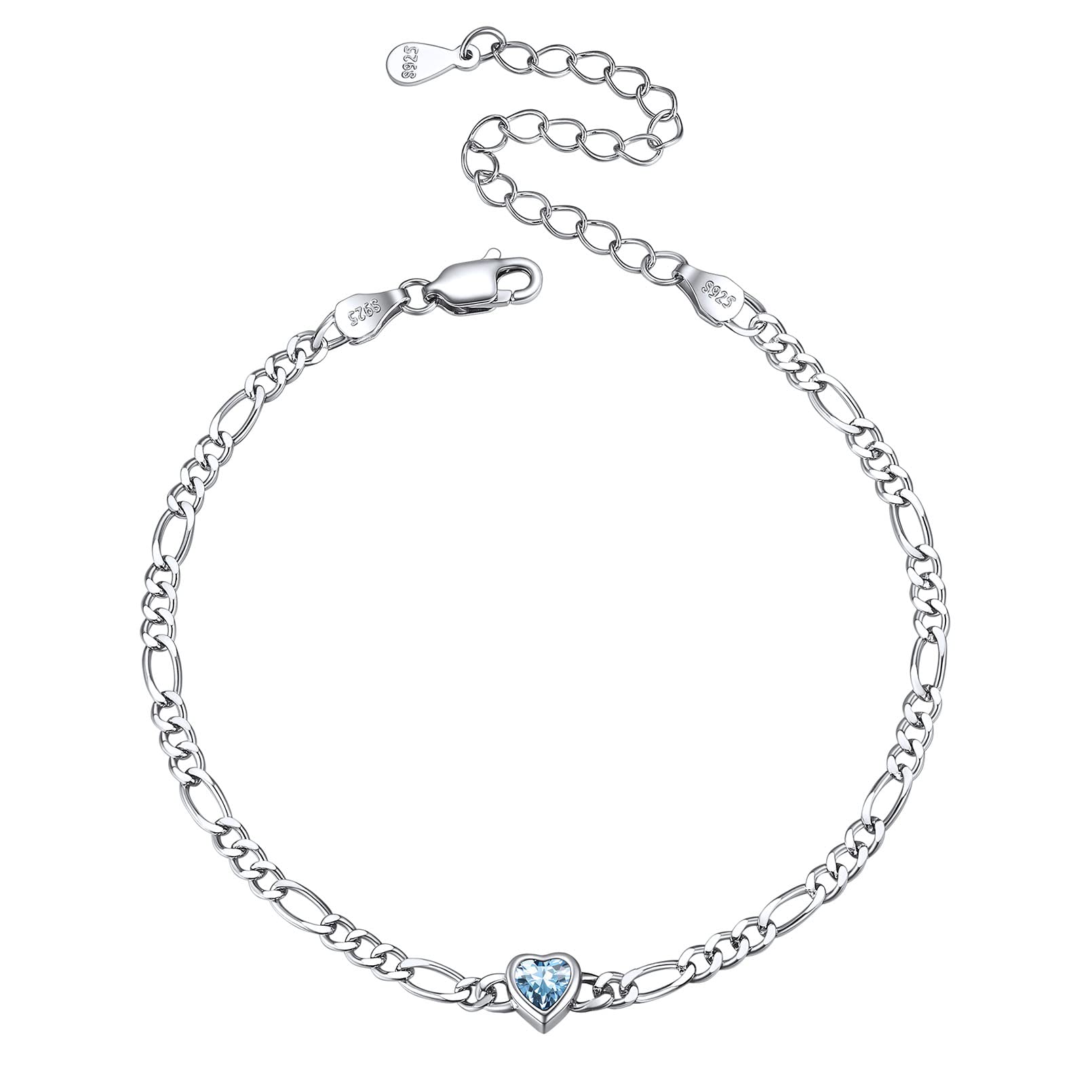 ChicSilver 925 Sterling Silver Heart Bracelet for Women Dainty 3mm Cubic Zirconia CZ Created Aquamarine March Birthstone Figaro Chain Bracelet Birthday Jewelry Gifts