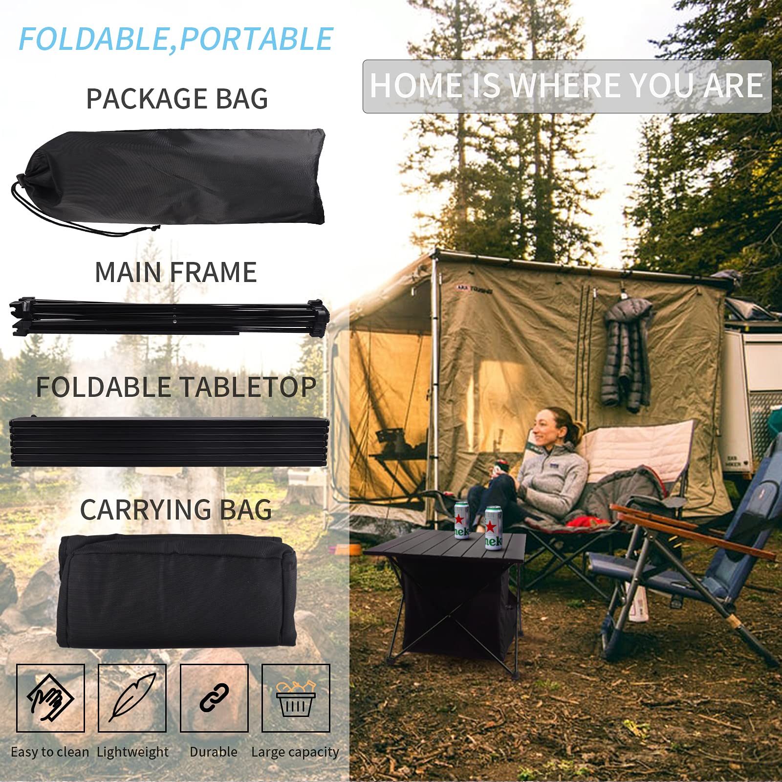 BlueZOO Portable Camping Table with Carrying Bag, Lightweight Aluminum Foldable Tabletop for Outdoor Camp, Cooking, Picnic, BBQ, Folding Beach Tables with Storage for Sand, 15.8x13.8x11.4inches