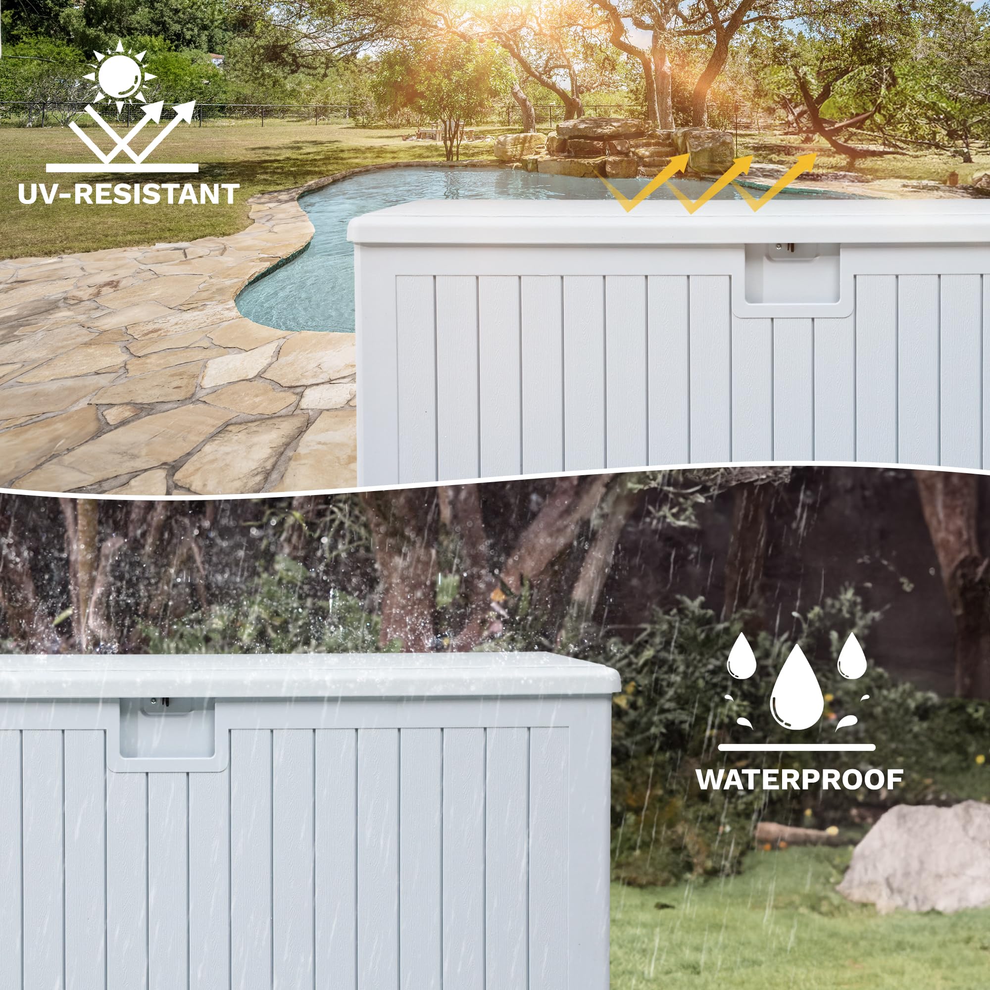 DWVO 90 Gallon Double-Wall Deck Box, Large Resin Outdoor Storage Box, Lockable & Waterproof, Double as Seating, 450lbs Capacity (Grayish-White)