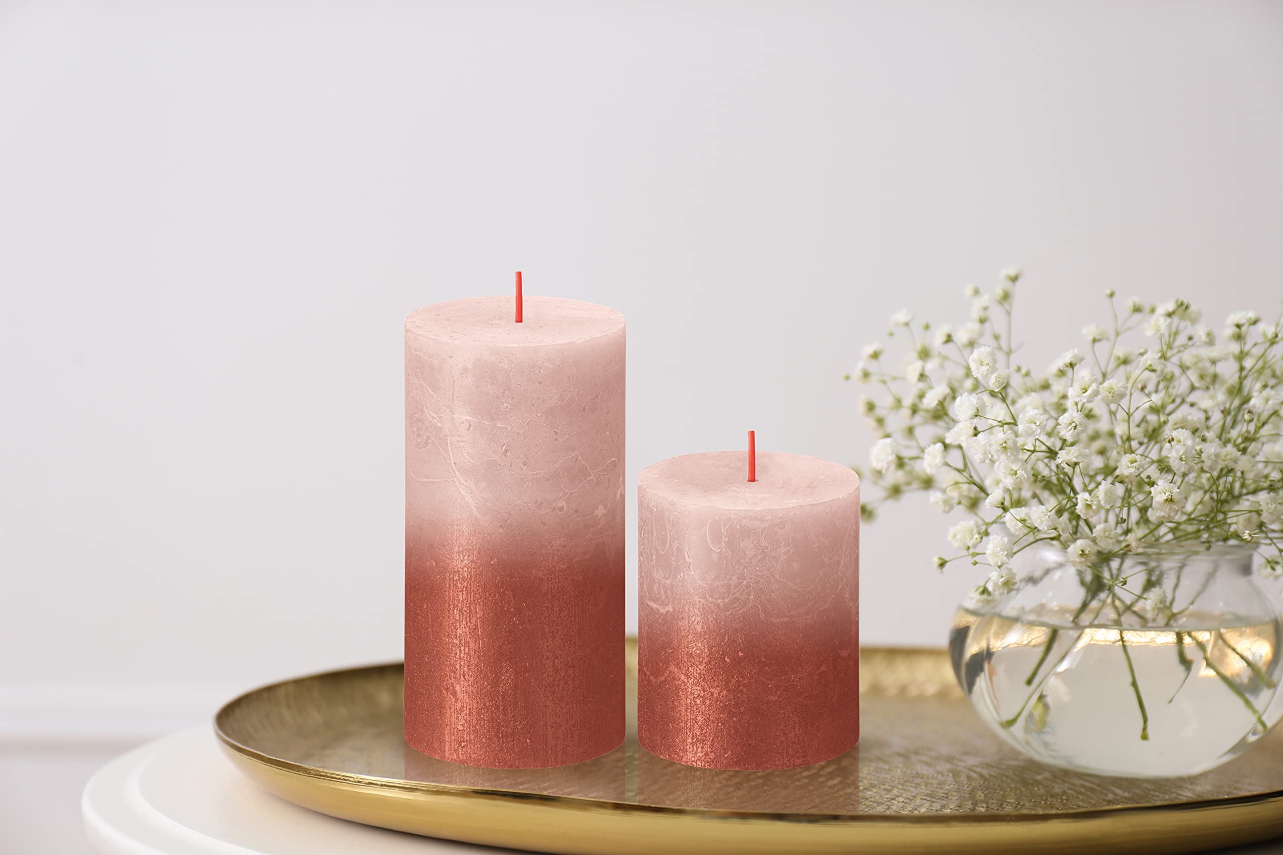 BOLSIUS 4 Pack Misty Pink/Amber Sunset Rustic Metallic Pillar Candles - 2.75 X 3.25 Inches - Fine European Quality - includes Natural Plant-Based Wax - Unscented Dripless Smokeless 35 Hour Candles