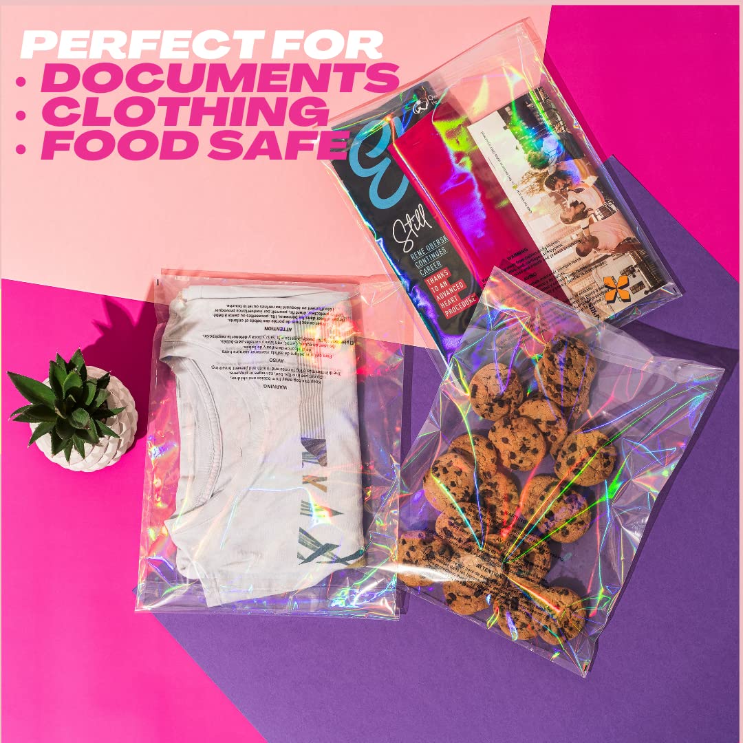 BRONKS - 14" X 20" (100 Pack) Holographic Clear Resealable Cellophane Bags with Suffocation Warning - Fits 14x20 clothing, Photos, Prints, Documents - Self Seal (Iridescent)