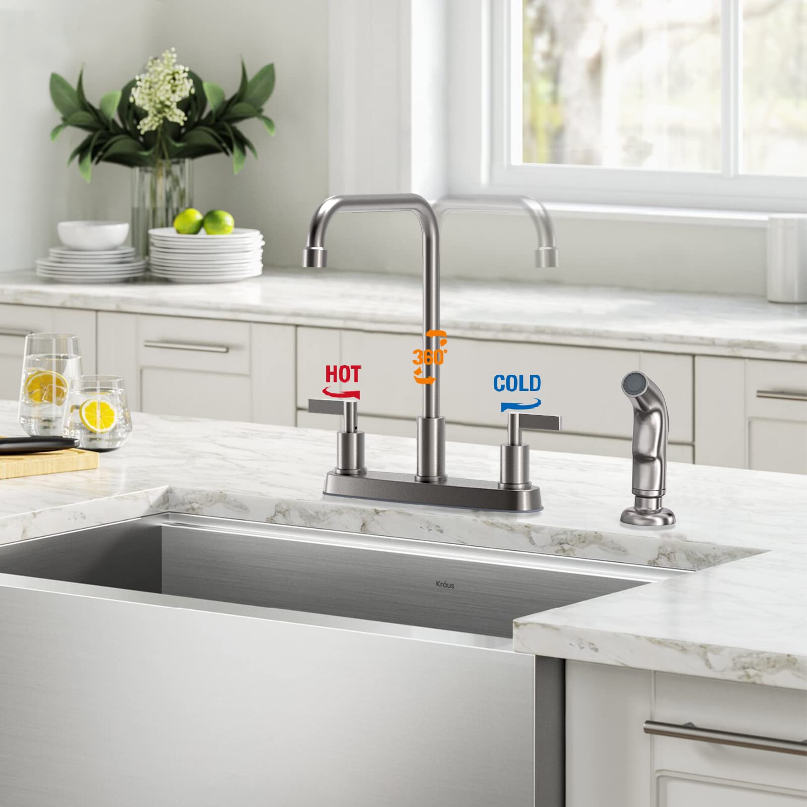 Kitchen Faucet with Sprayer,Brushed Nickel Kitchen Sink Faucet,3 Hole or 4 Hole Faucet for Kitchen Sink,Stainless Steel 2 Handle Kitchen Faucet with Side Sprayer,4 Hole Kitchen Faucets